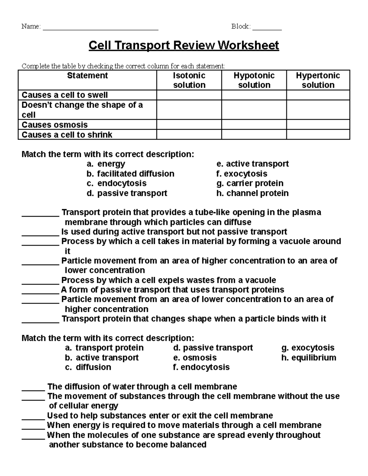 Cell Transport Review Worksheets Name