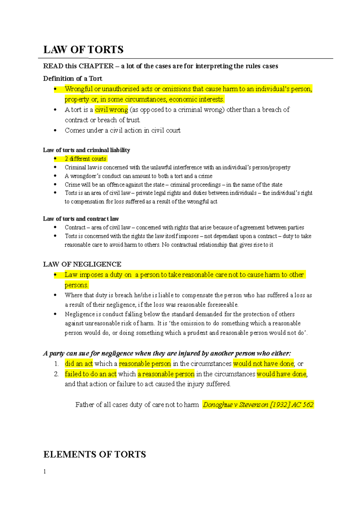 Law Of Torts Notes Law Of Torts Read This Chapter A Lot Of The