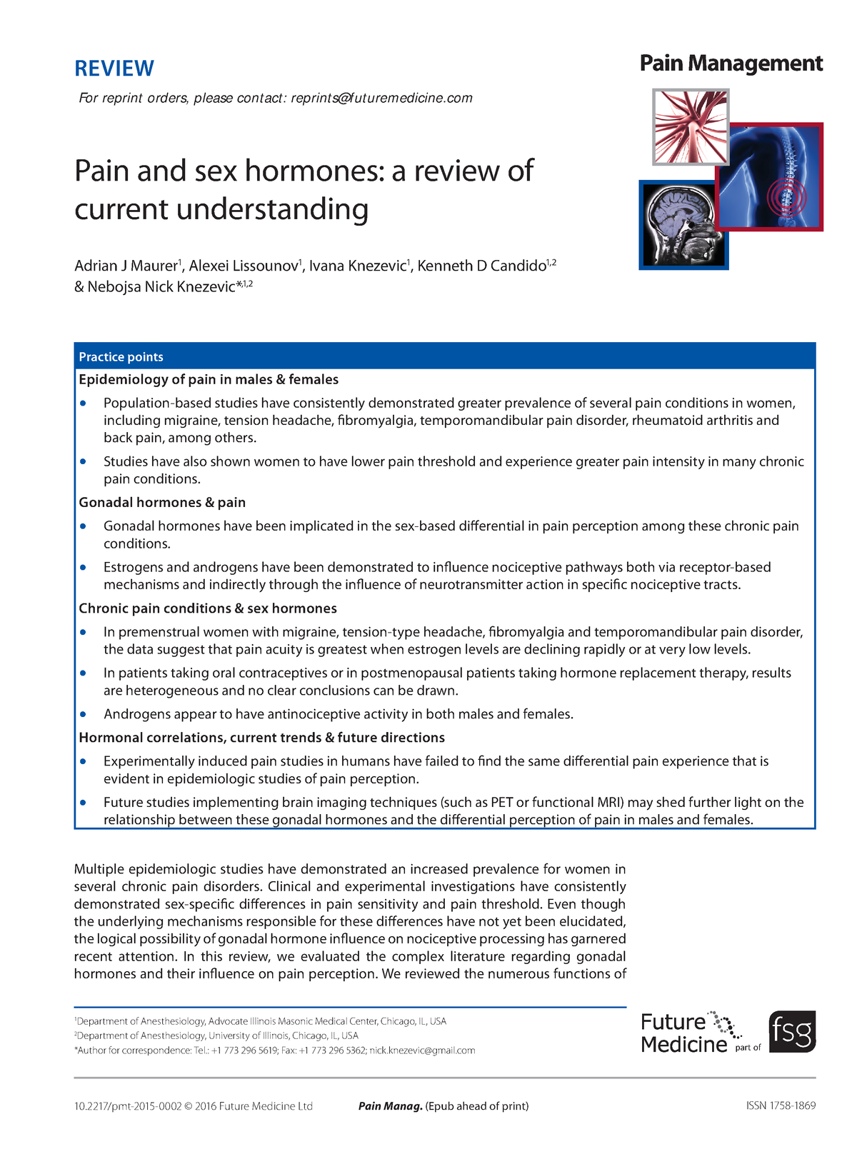 Pain And Sex Hormones A Review Of Current Understanding Medicina