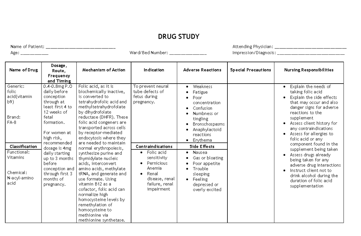 Folic Acid Drug Study Drug Study Name Of Patient Age Name Of Drug