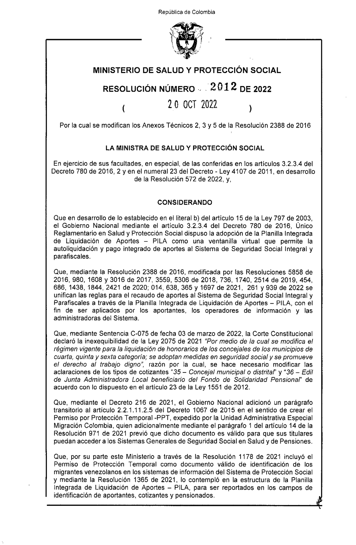 Resolucion 2012 De 2022 República De Colombia Ministerio De Salud Y