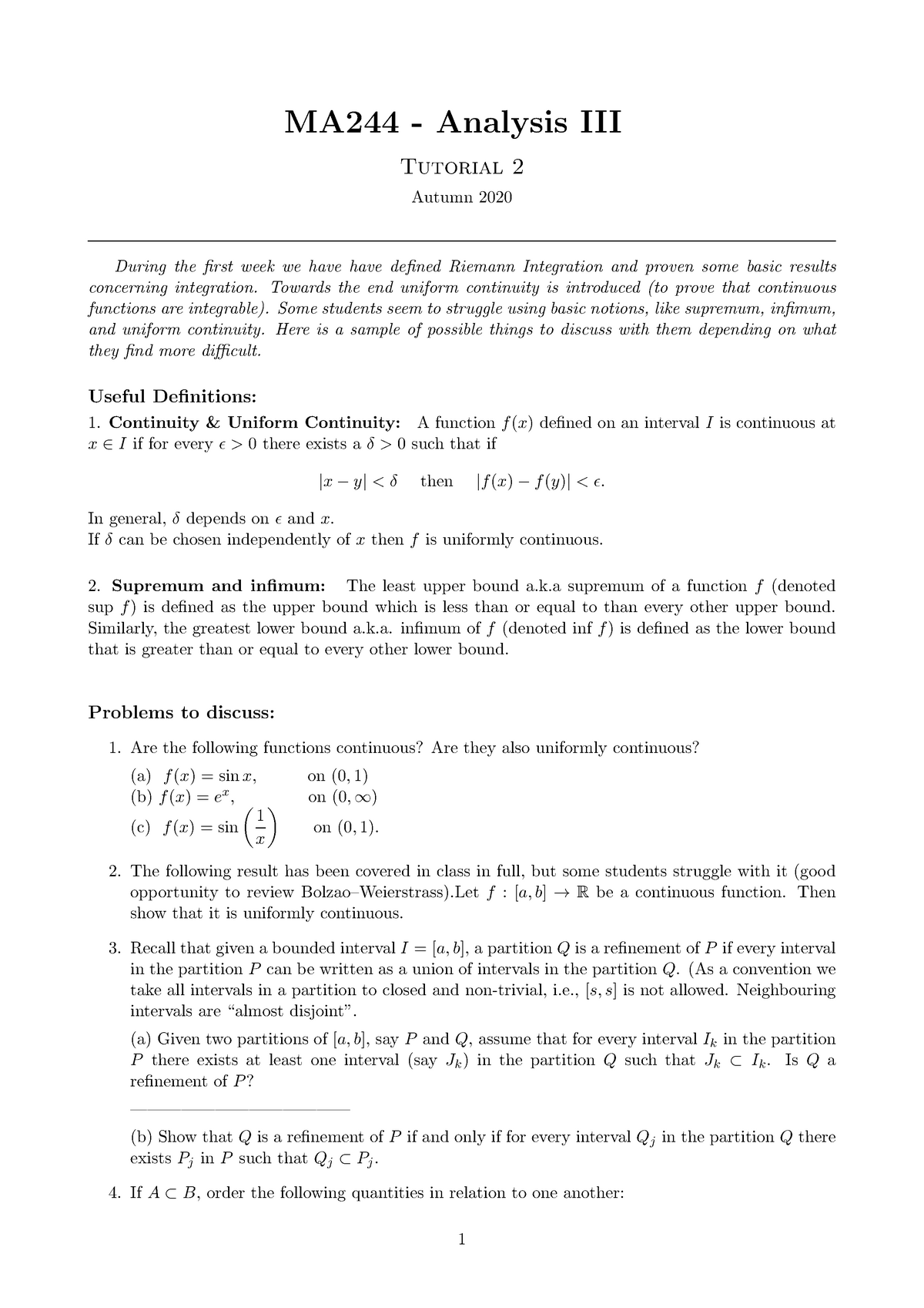 Ma244 Week 2 Tutorial Sheet With Solutions Ma244 Analysis Iii