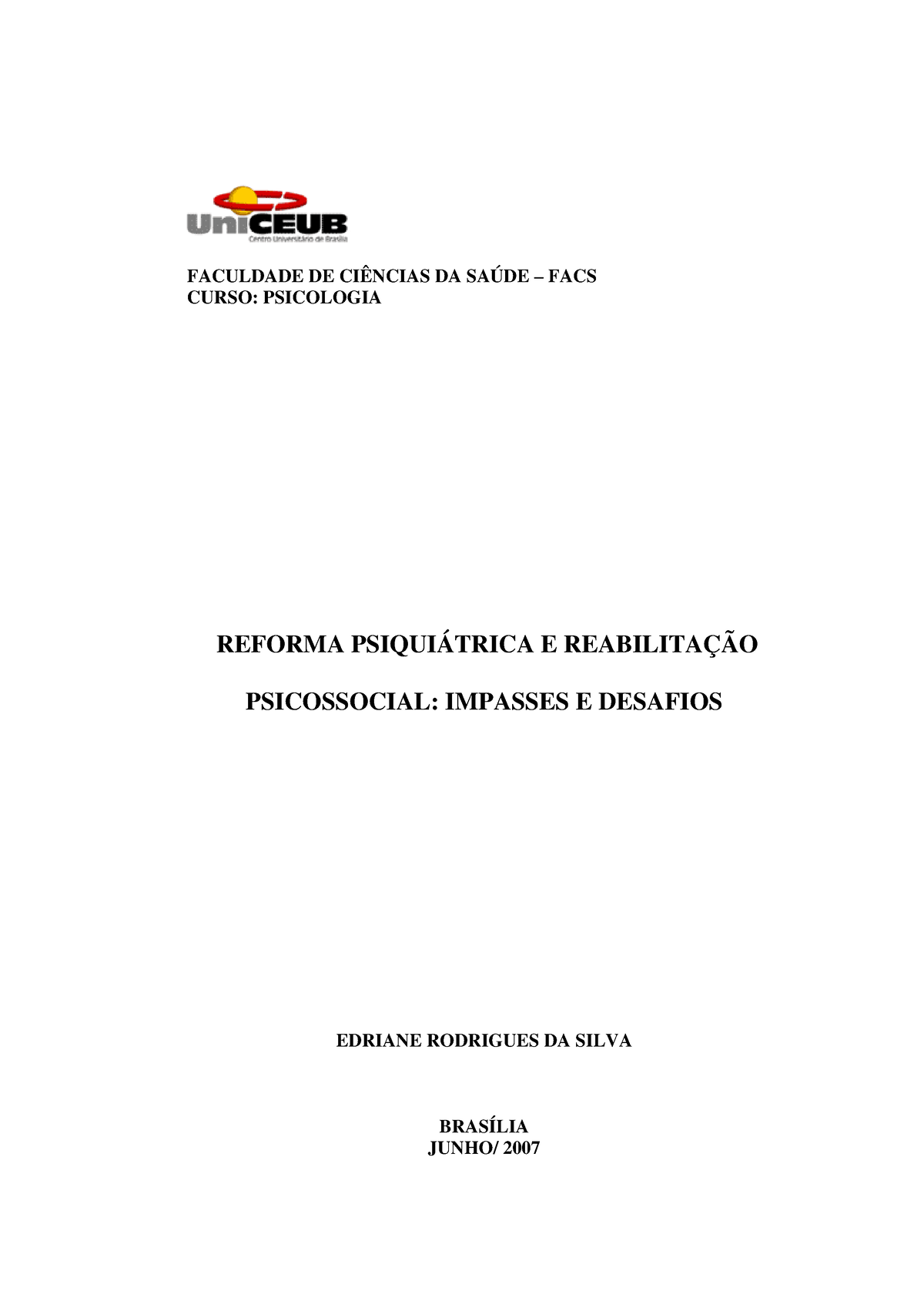 Reforma Psiquiátrica E Reabilitação Faculdade De CiÊncias Da SaÚde