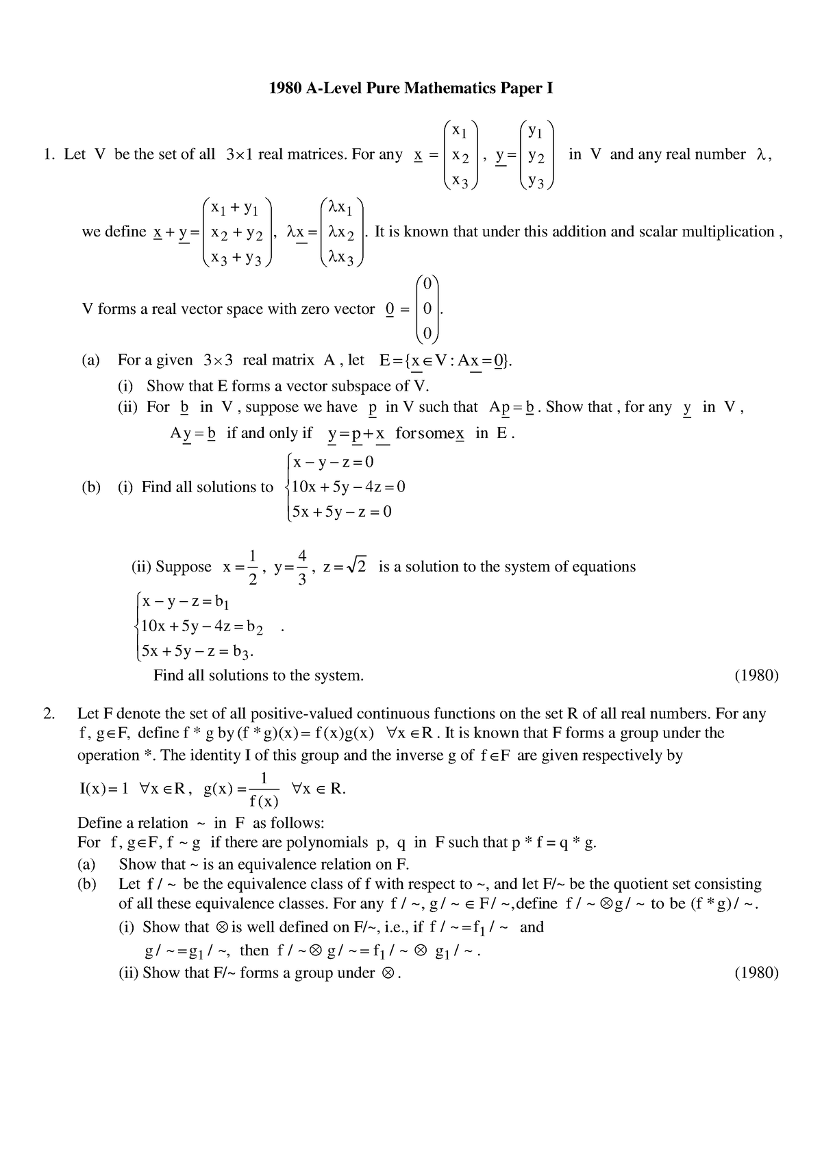 1980q Hkale Pure Mathematics Past Paper 1980 1989 1980 A Level