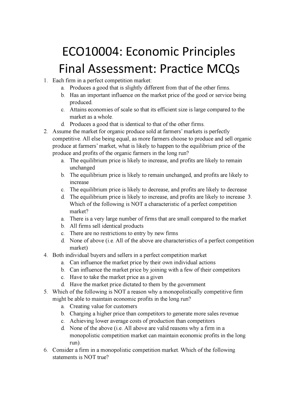 Practice Mcqs For Final Assessment With Solutions Eco10004 Economic