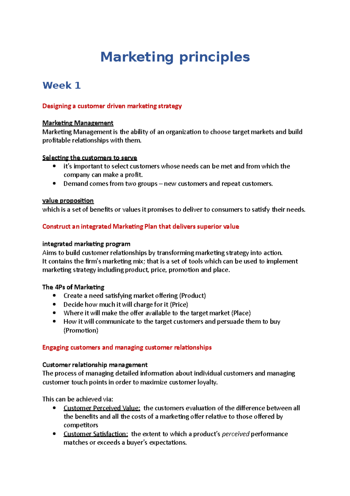 Marketing Principles Notes Marketing Principles Week 1 Designing A