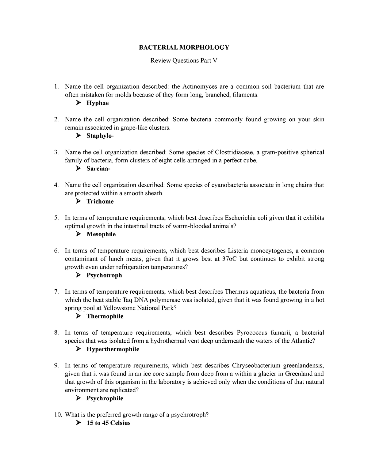 Bacterial Morphology Part 5 Bacterial Morphology Review Questions