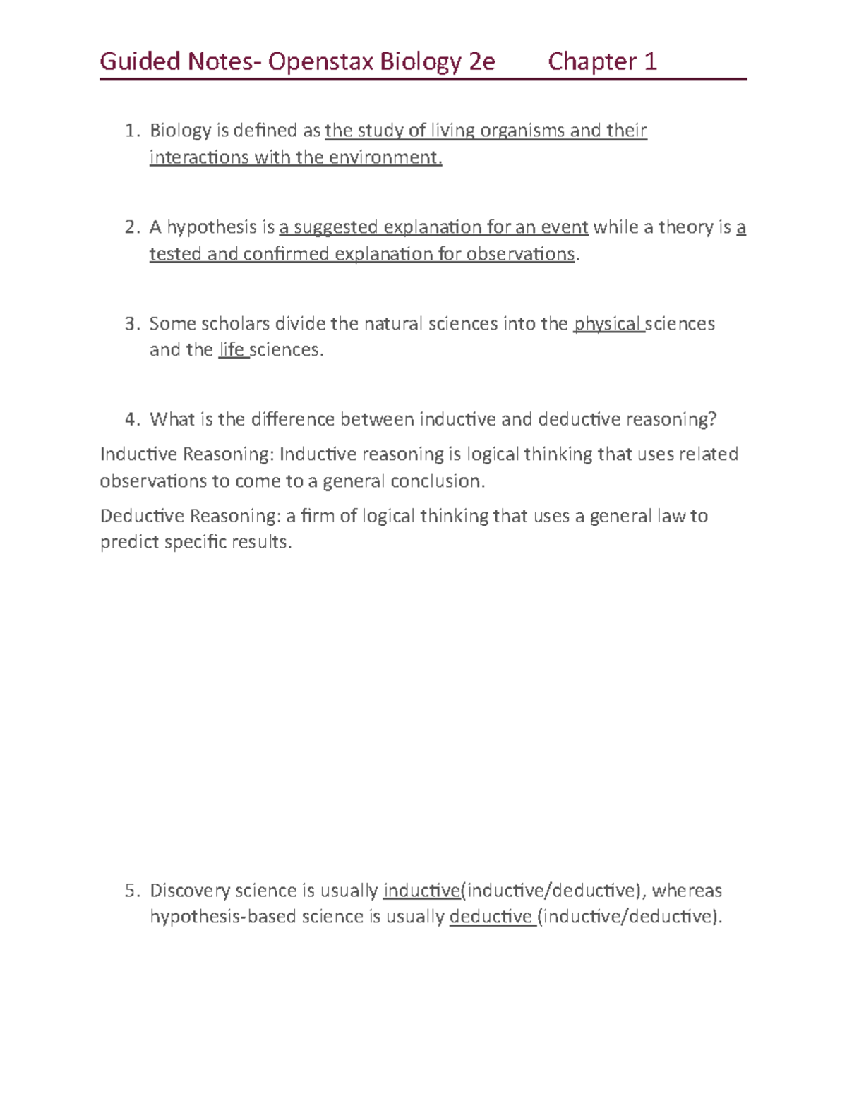 Guided Notes Open Stax Biology 2e Ch1 Guided Notes Openstax Biology