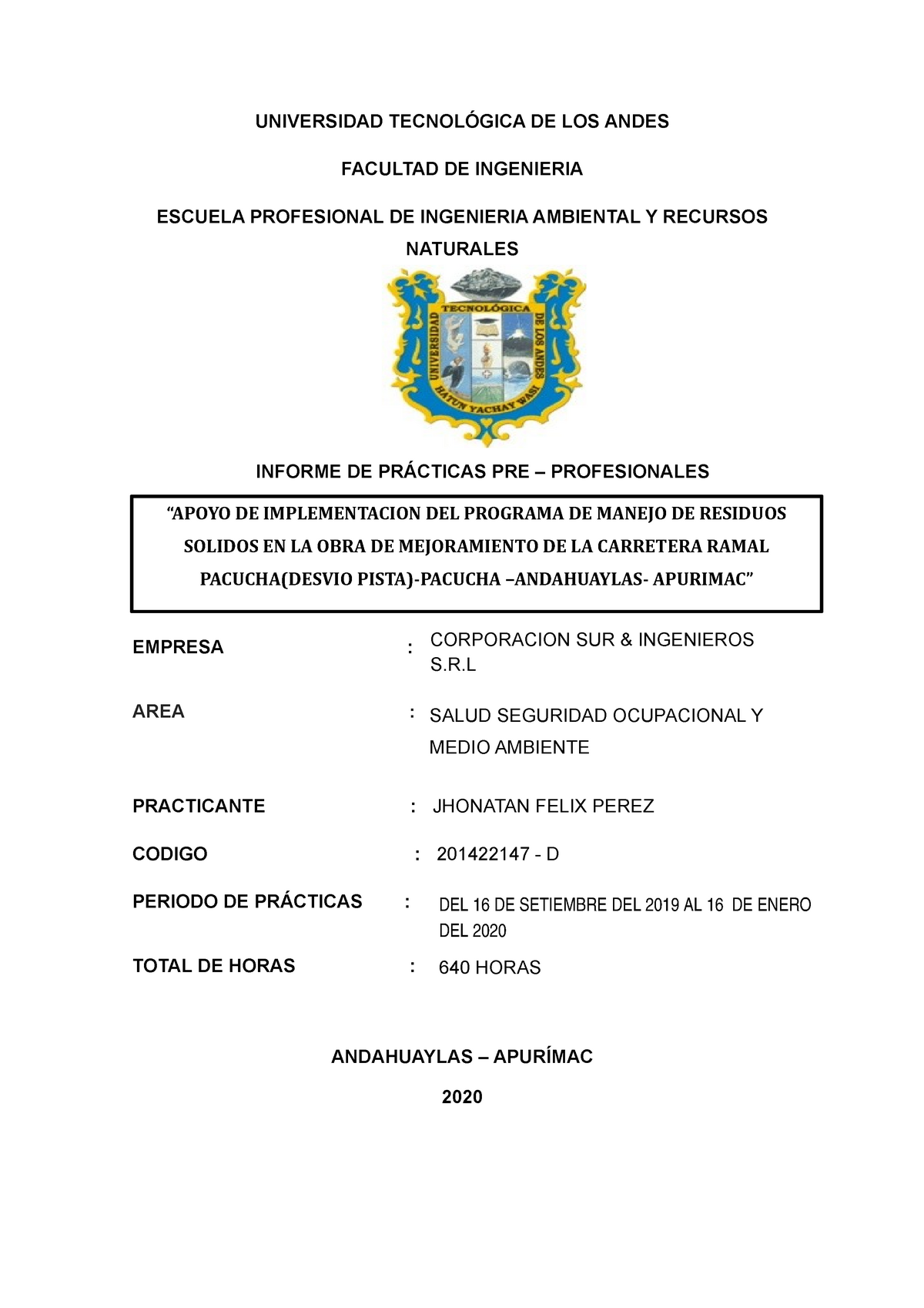 Informe De Practicas Pre Profesionales Jhonatan Abancay Universidad