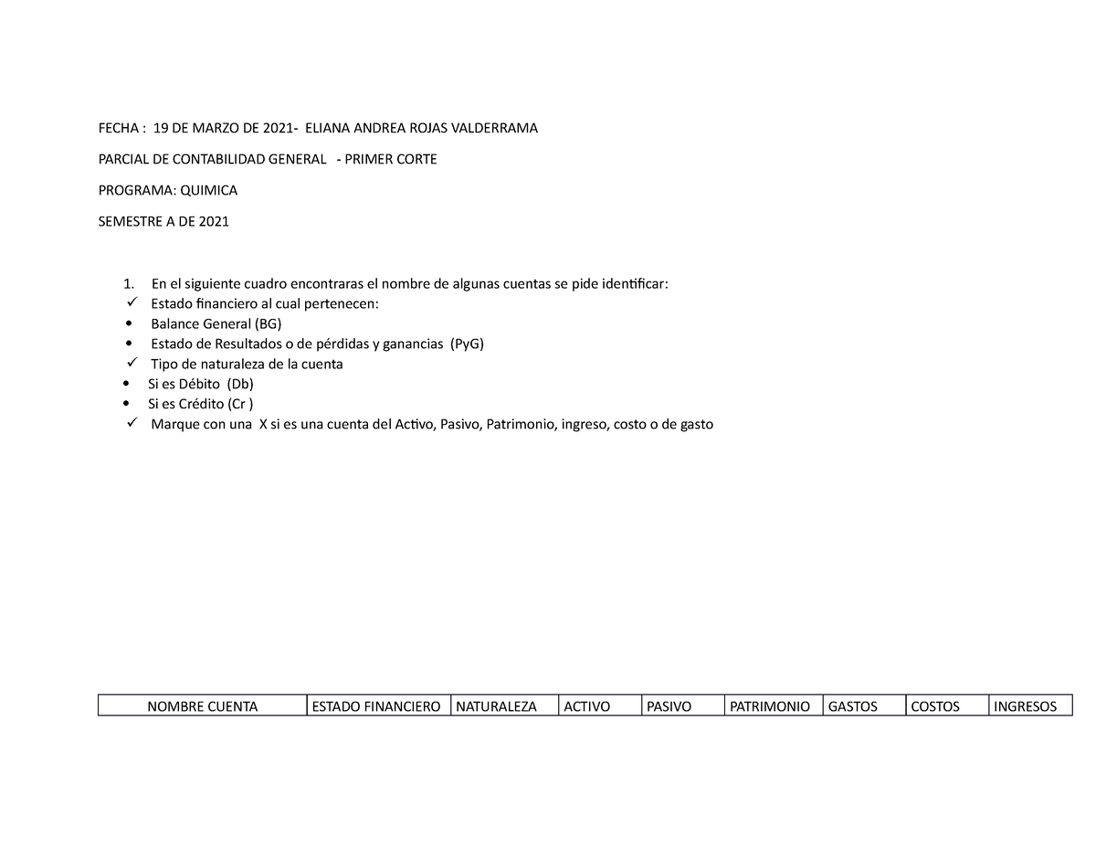 Parcial Primer Corte De Contabilidad 19 Marzo Eliana Rojas Fecha