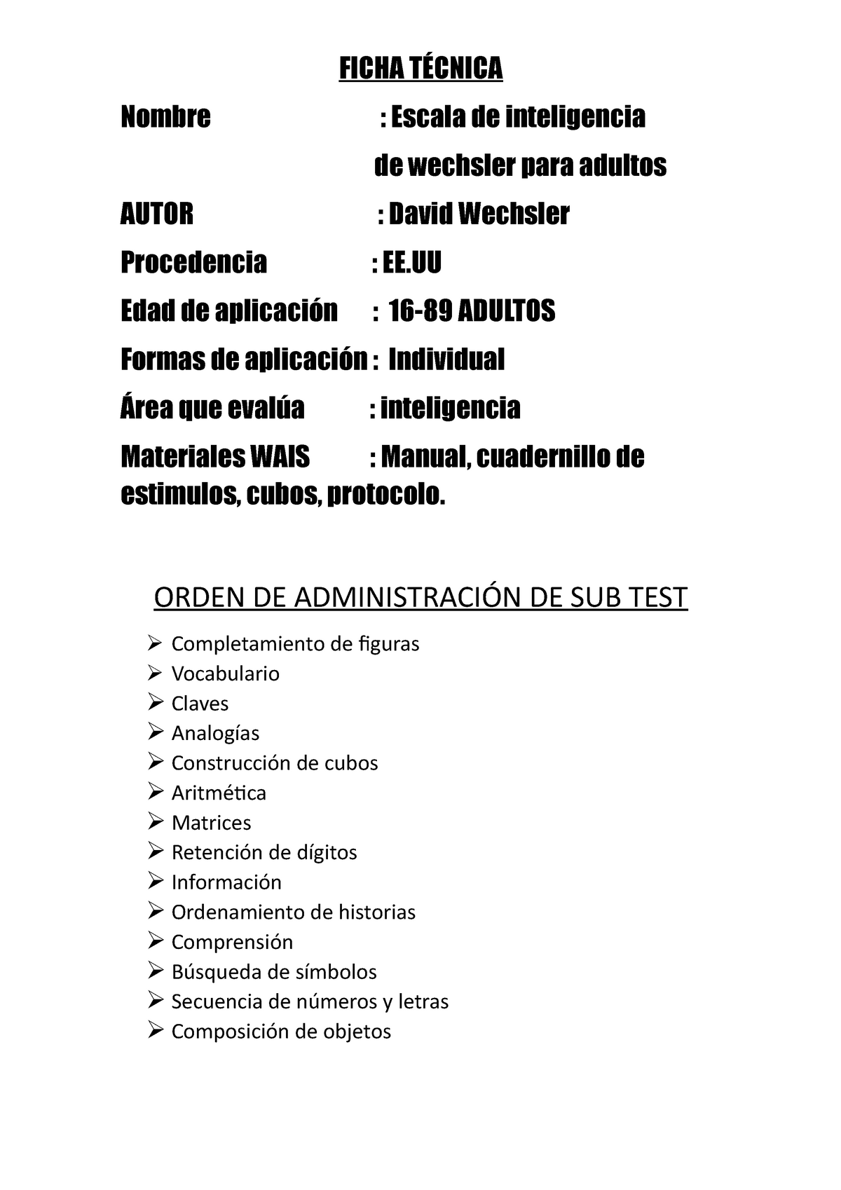 Ficha Técnica Wais Iii Oficial Ficha TÉcnica Nombre Escala De