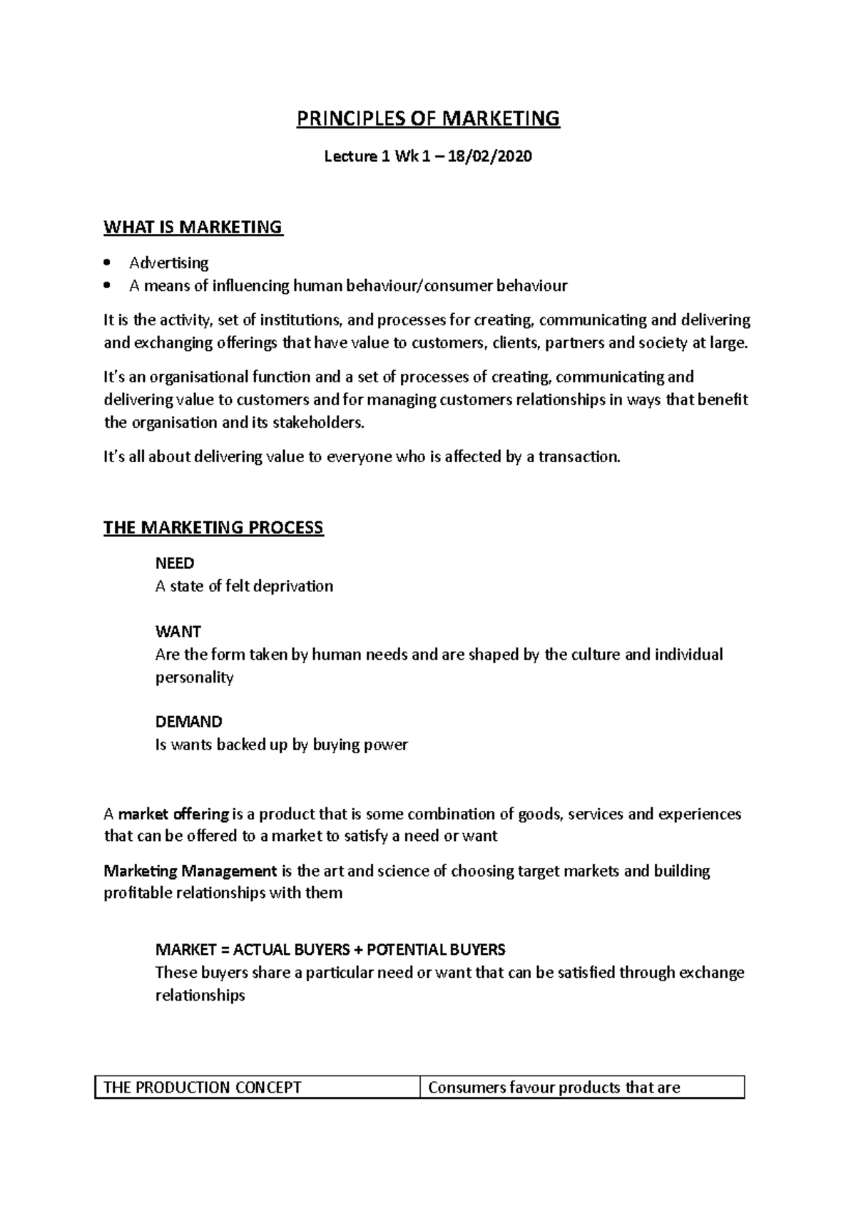 Marketing Notes Lecture 1 Principles Of Marketing Lecture 1 Wk 1