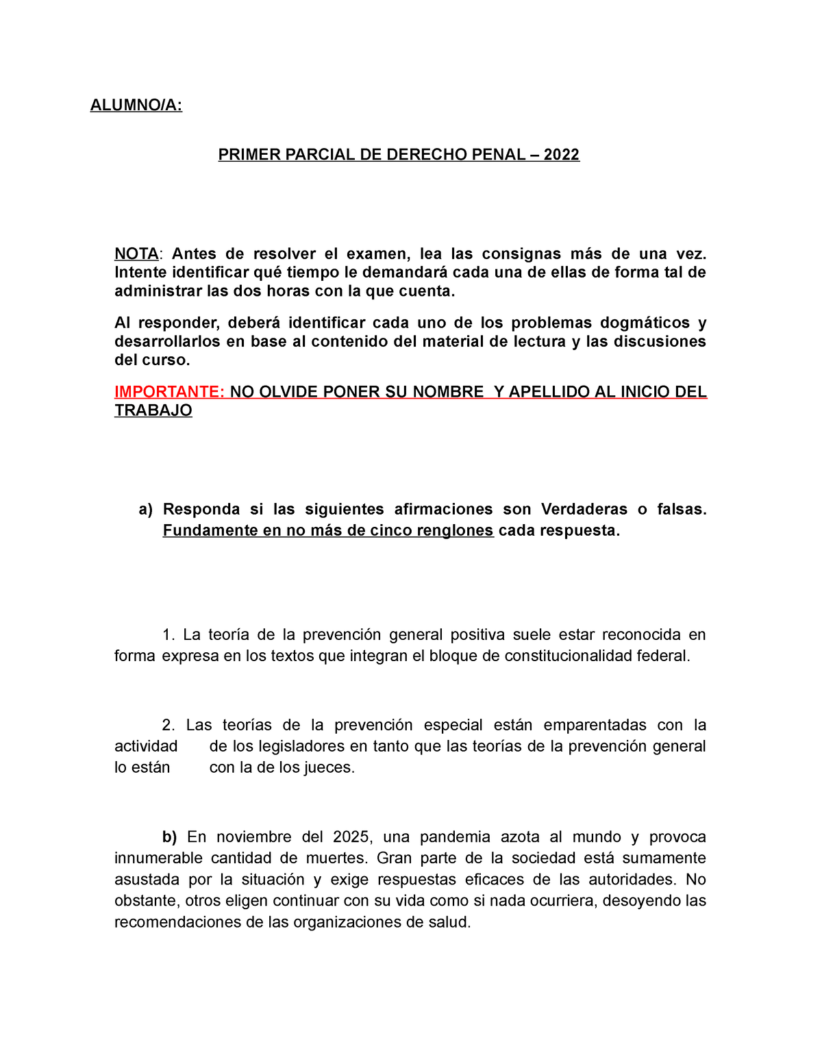 Primer Parcial Penal 2022 3 Alumnoa Primer Parcial De Derecho