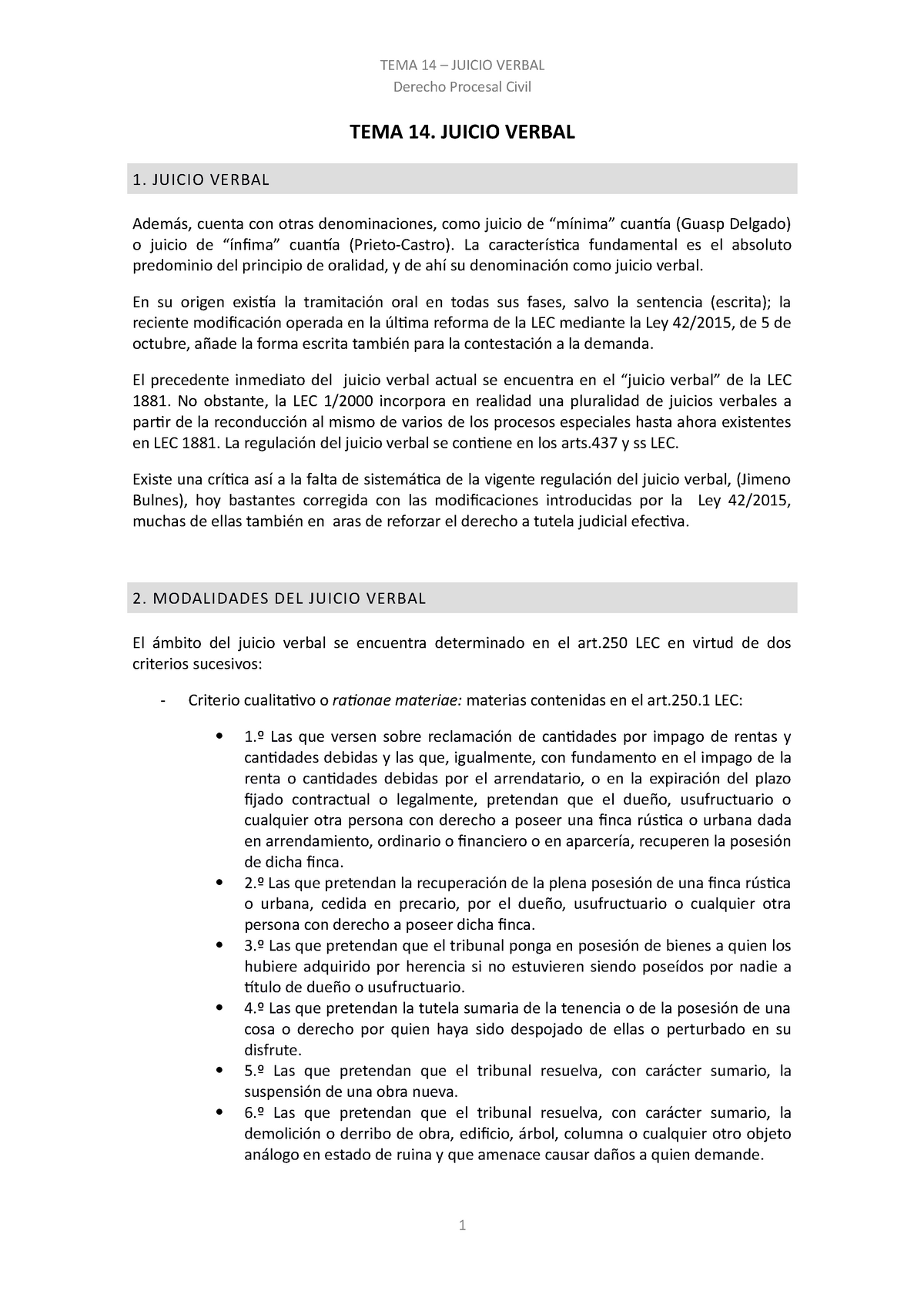 Tema 14 Juicio Verbal Tema 14 Juicio Verbal Derecho Procesal Civil