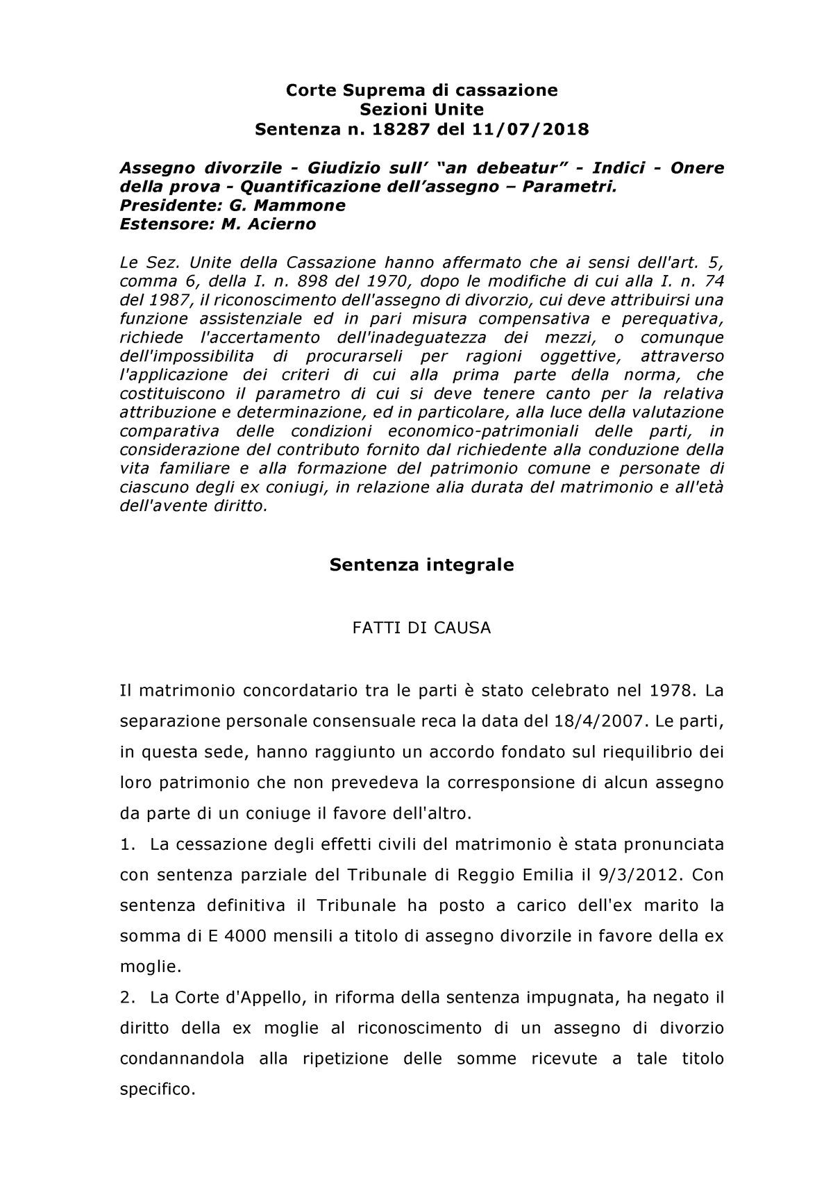 Sezioni Unite Sentenza 11 Luglio 2018 N18287 Assegno Divorzio Corte