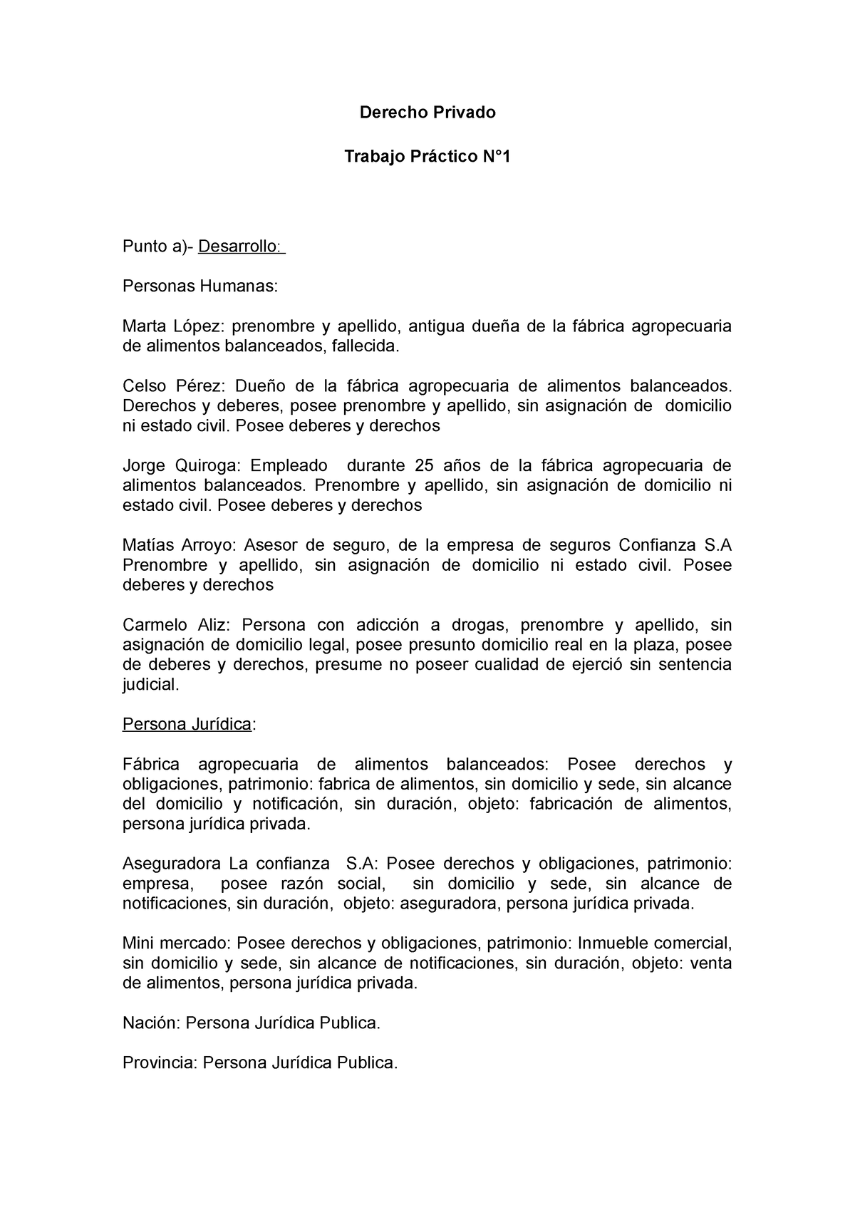 Derecho Privado 1 Derecho Privado Trabajo Práctico N° Punto A