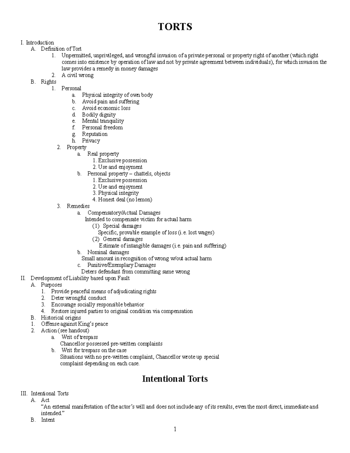 Torts Law Outline 1 Torts I Introduction A Definition Of Tort 1