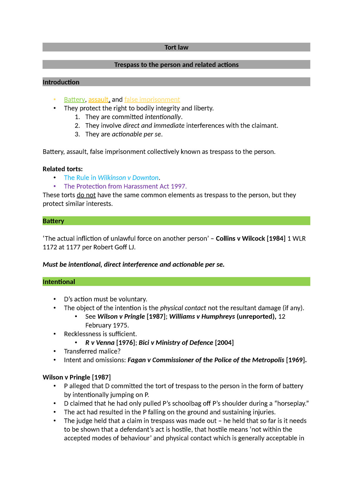 Trespass Condensed Notes Tort Law Trespass To The Person And