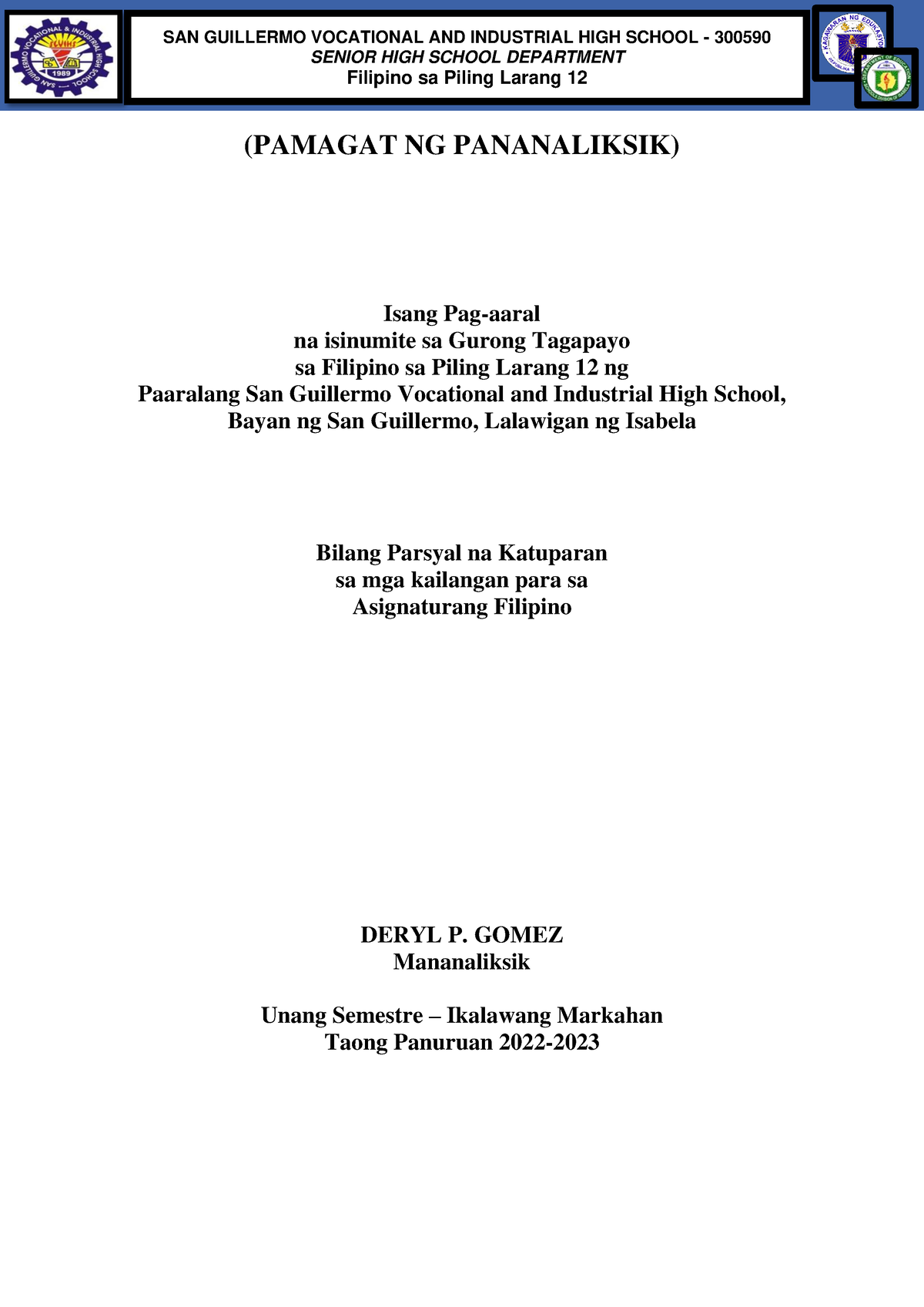 Pananaliksik 12 Template Filipino Sa Piling Larang 12 Pamagat Ng