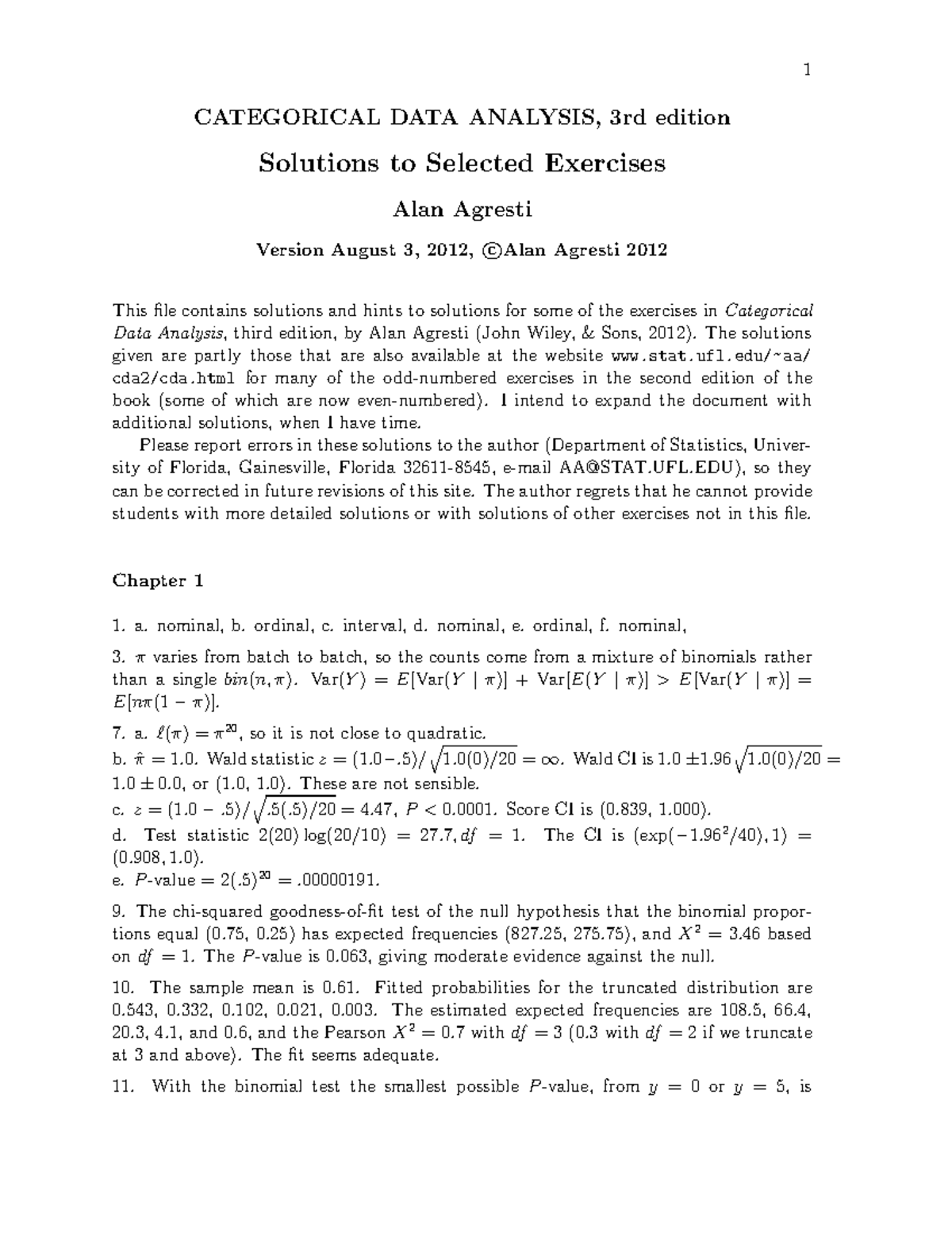 Categorical Data Categorical Data Analysis 3rd Edition Solutions To