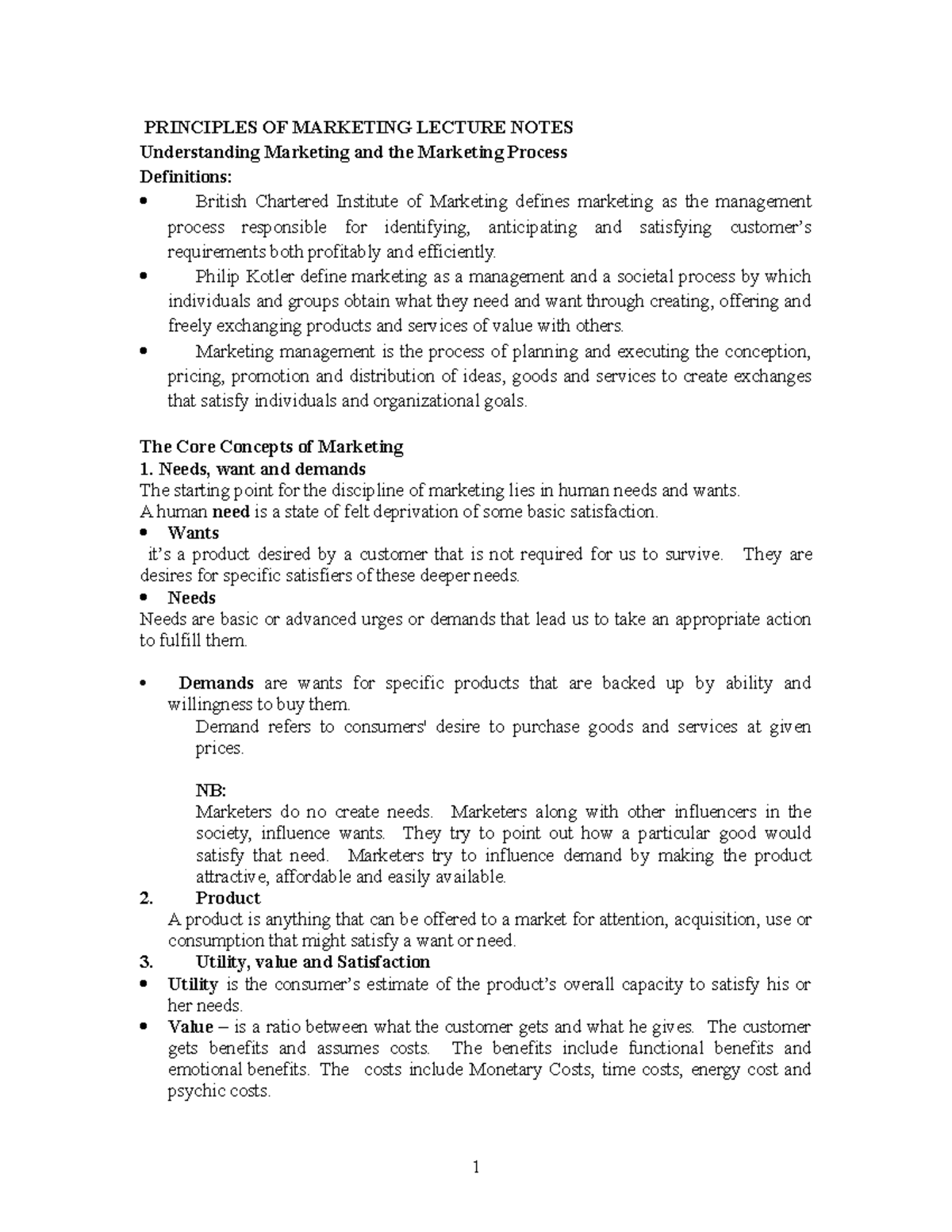 Principles Of Marketing Bba 201 Principles Of Marketing Lecture Notes