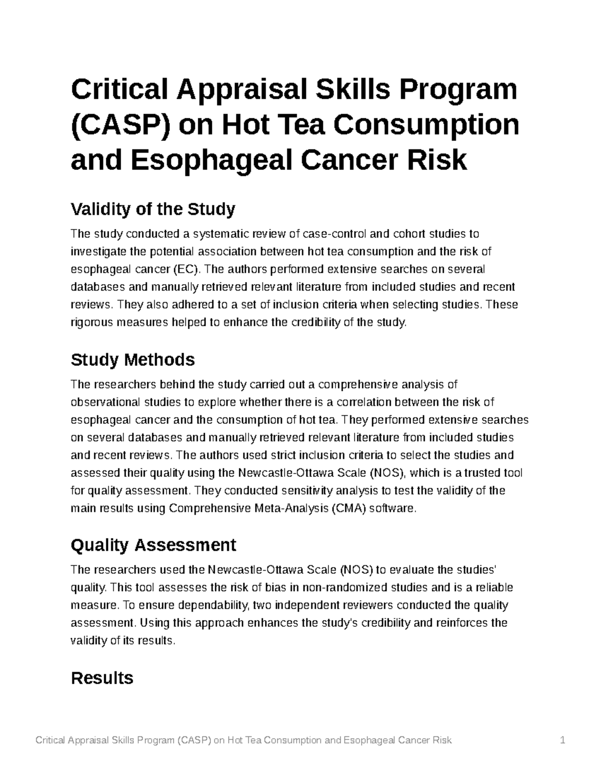 Critical Appraisal Skills Program Casp On Hot Tea Consumption And