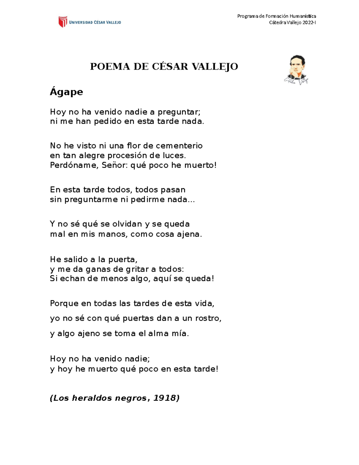 Poemas Catedra Cátedra Vallejo 2022 I Poema De CÉsar Vallejo Ágape