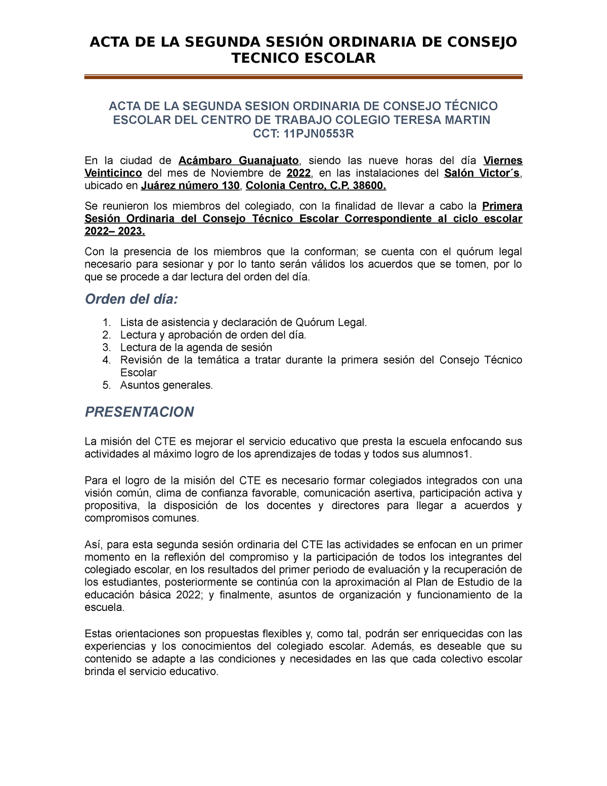 Acta De La Segunda Sesion Ordinaria Del Cte Noviembre Tecnico Escolar