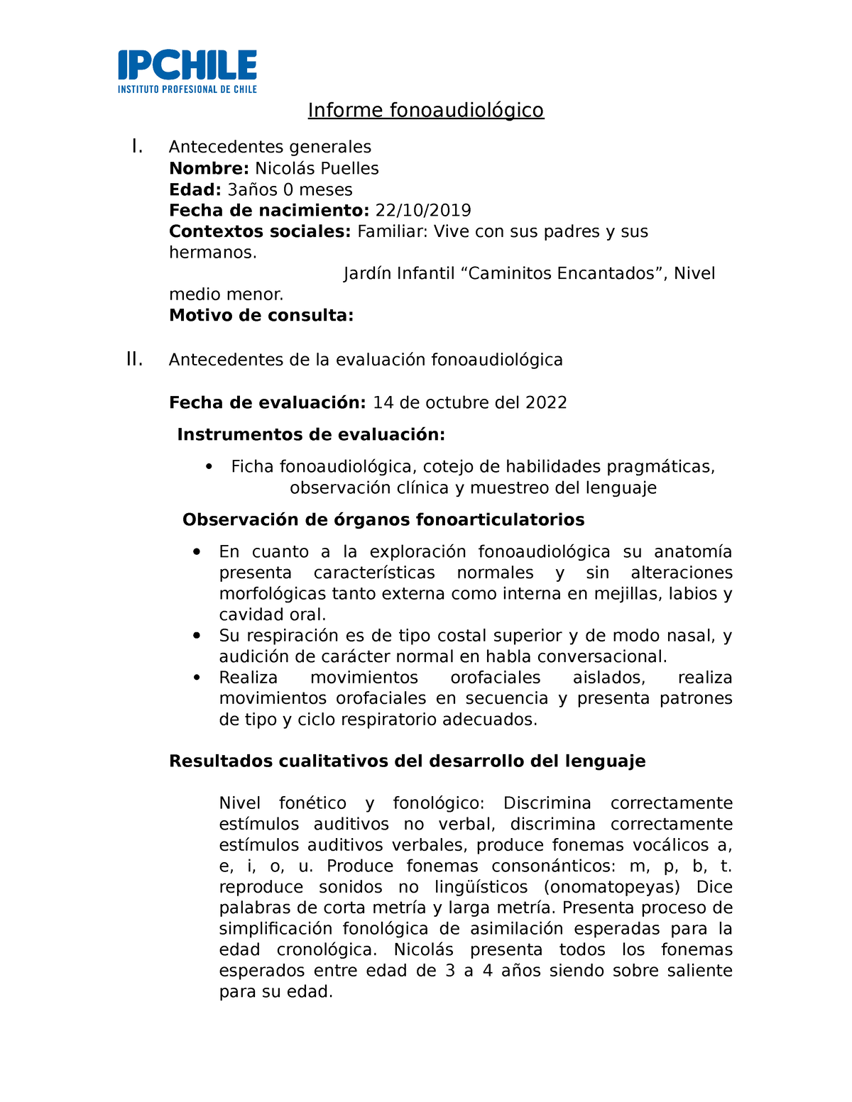 Informe Fonoaudiologico Niño Informe Fonoaudiológico I Antecedentes