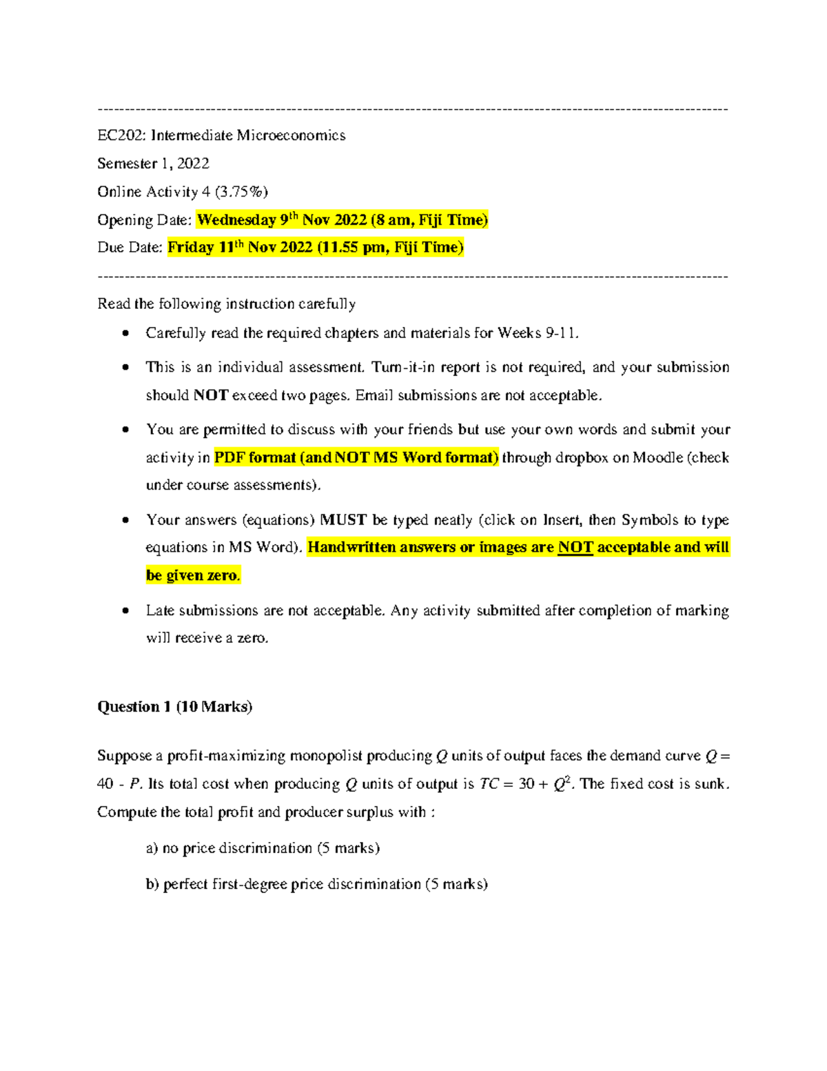 Online Activity 4 Calculations Ec202 Intermediate Microeconomics