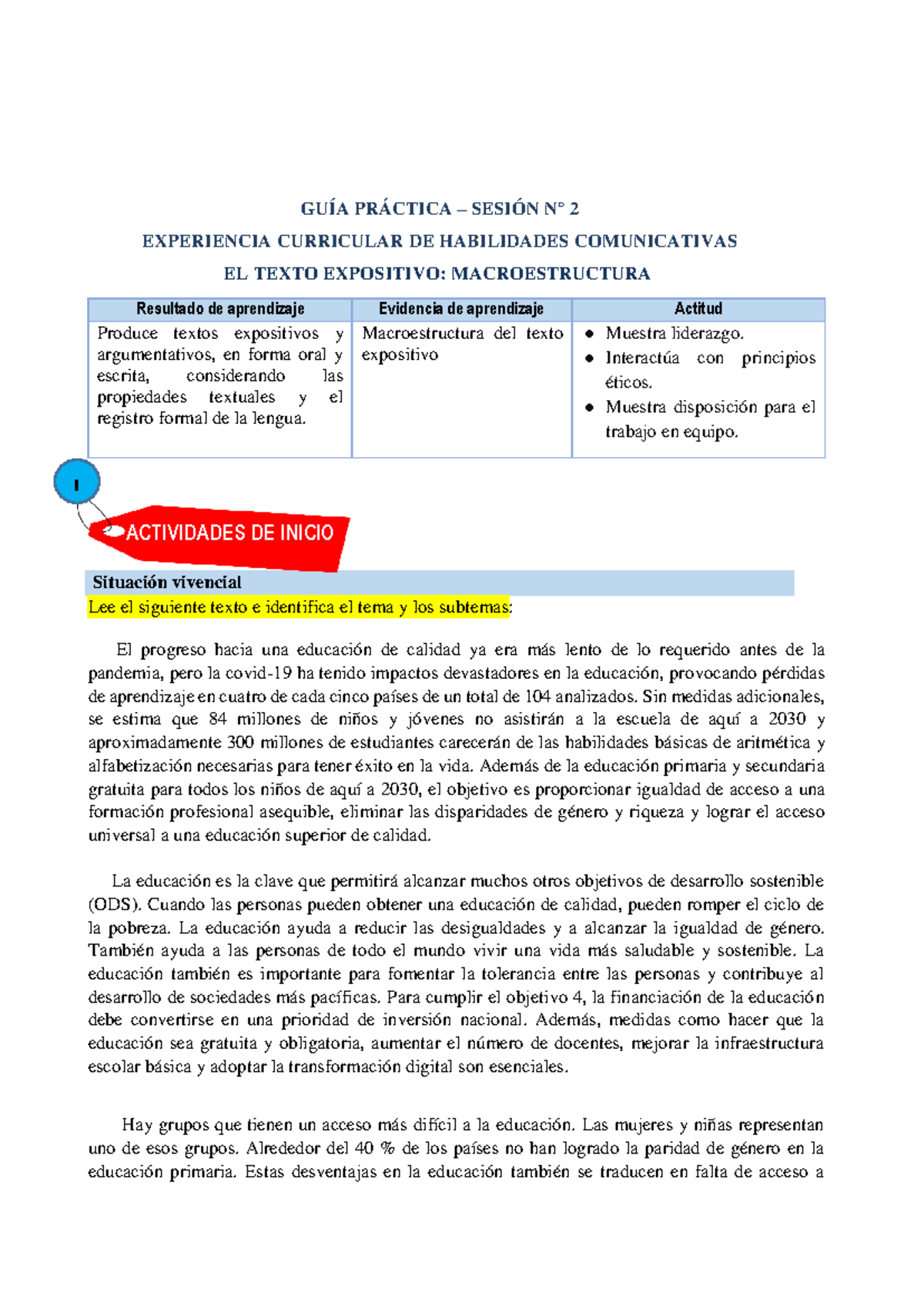 Habilidades Comunicativas GuÍa PrÁctica SesiÓn N° 2 Experiencia