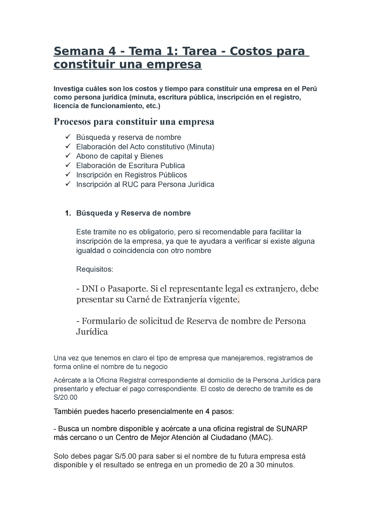 Costos Para Constituir Una Empresa Semana 4 Tema 1 Tarea Costos