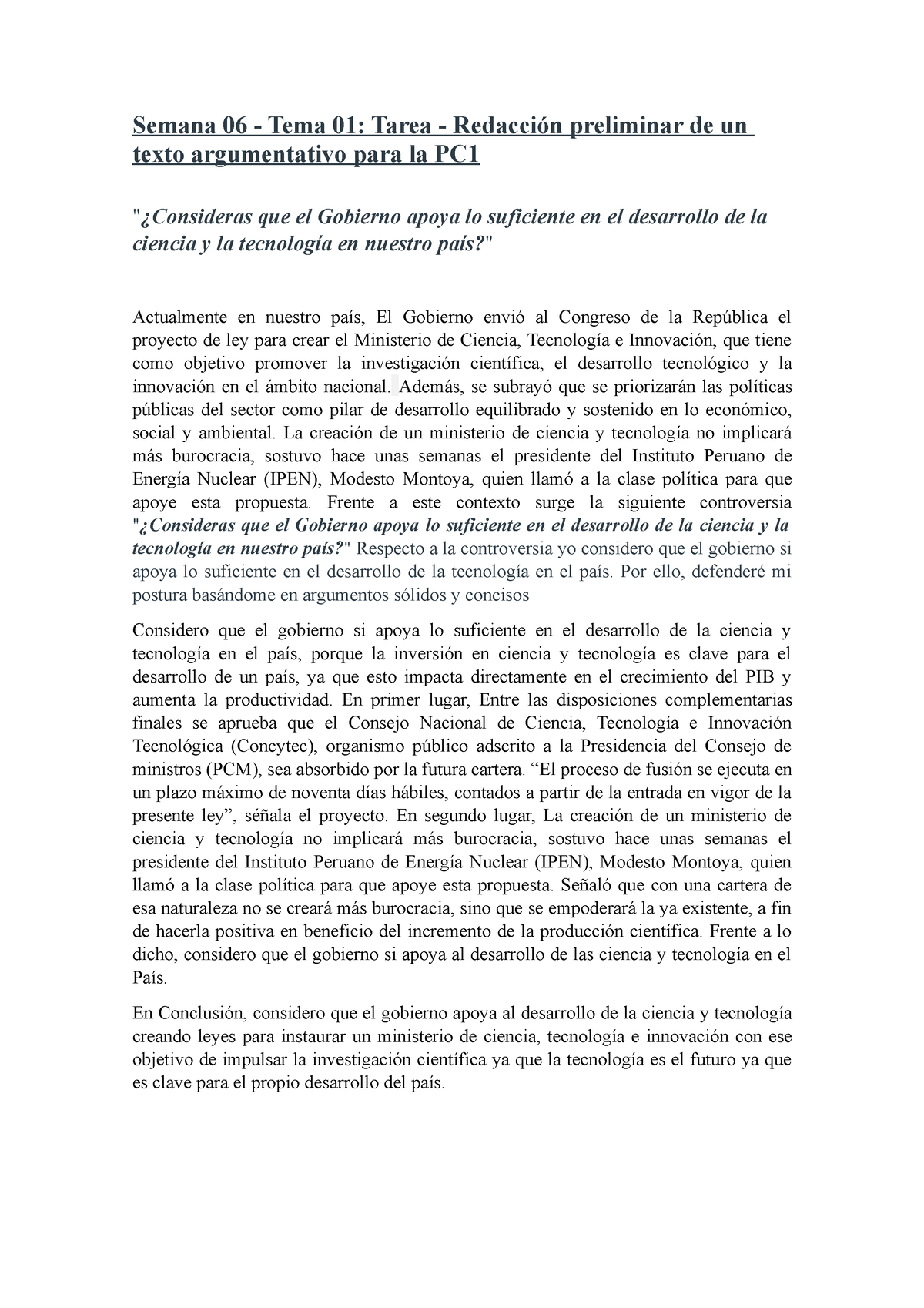 Texto Argumentativo Pc1 Semana 06 Tema 01 Tarea Redacción