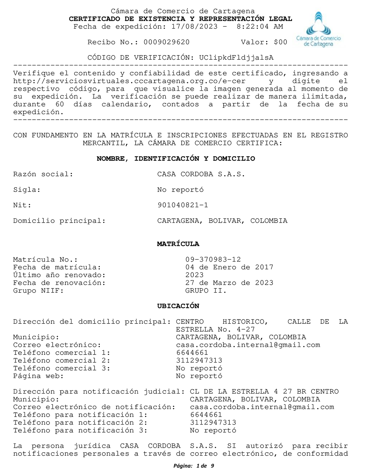 Certificado De Existencia Y Representacion Legal 17 De Agosto 2023