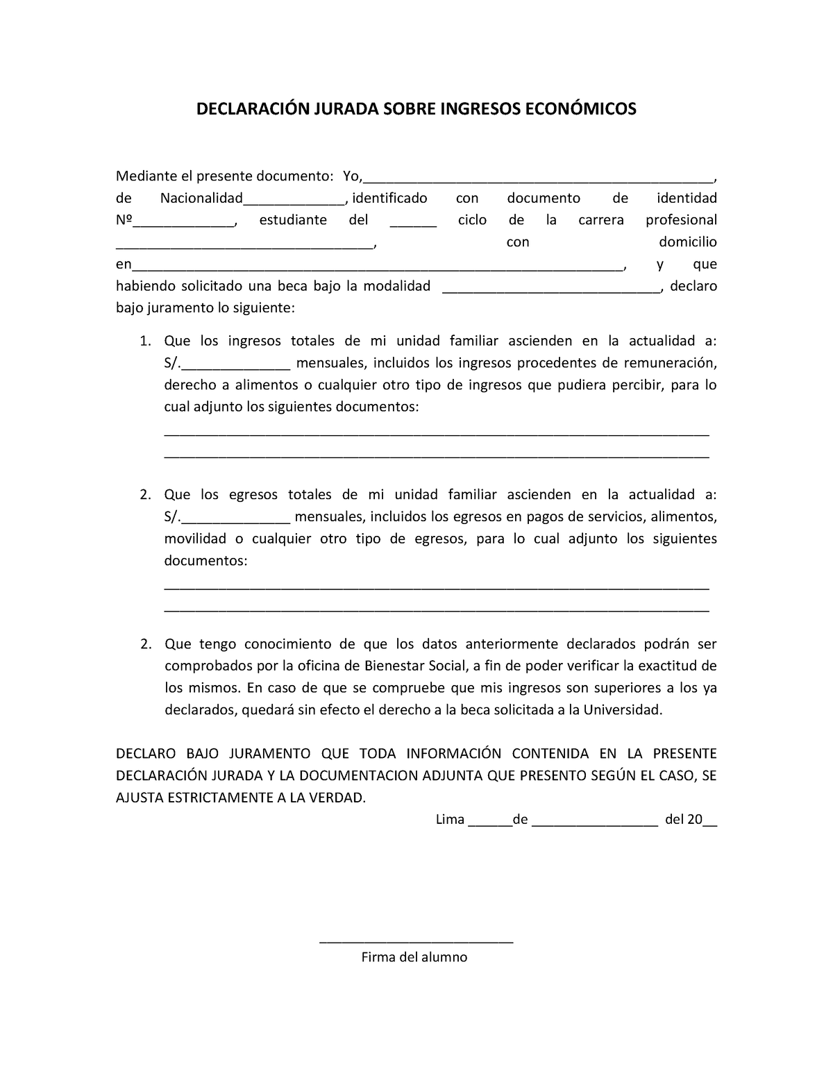 Declaración Jurada Sobre Ingresos Económicos DeclaraciÓn Jurada Sobre