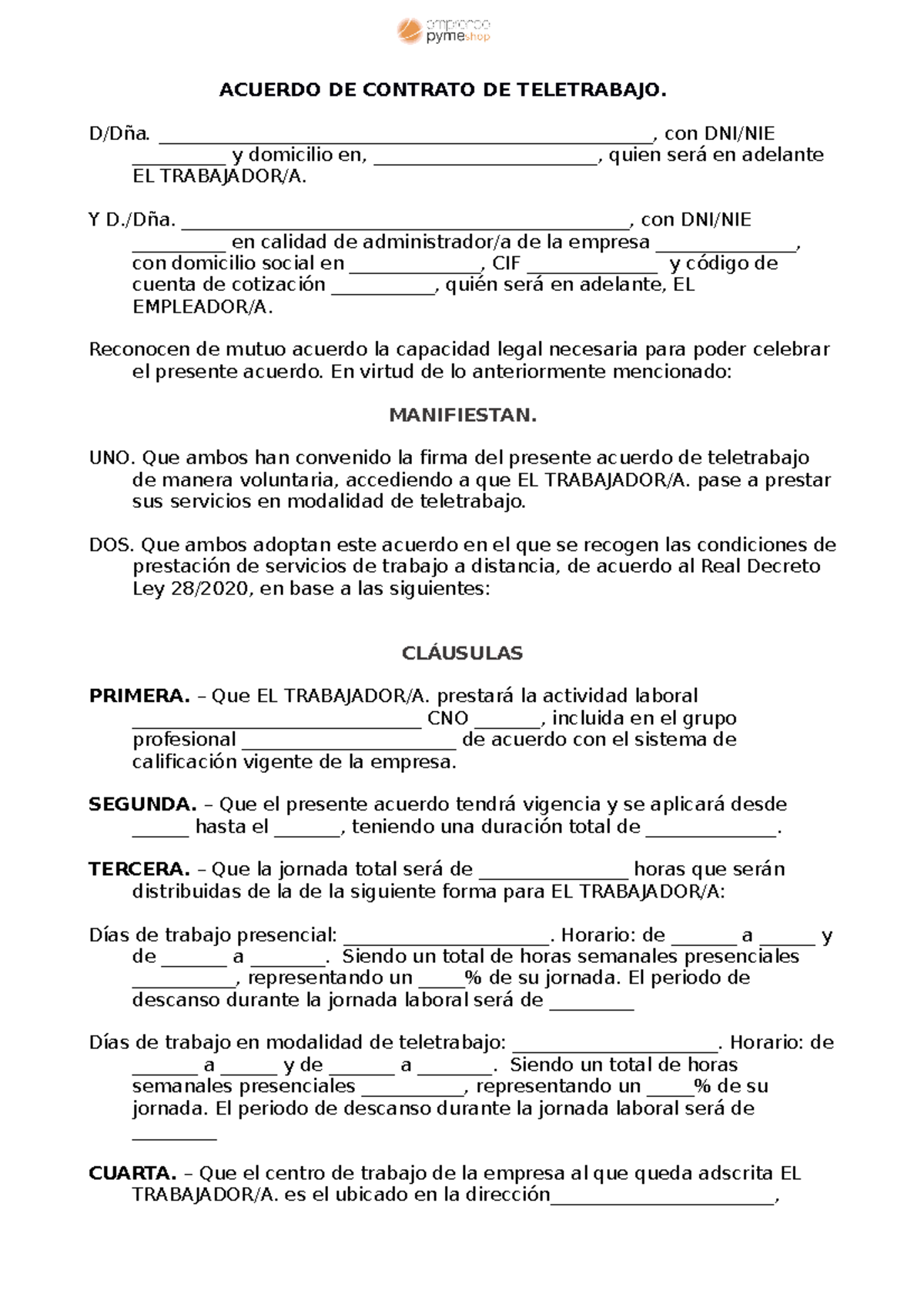 Modelo De Contrato De Teletrabajo Emprendepyme Acuerdo De Contrato De