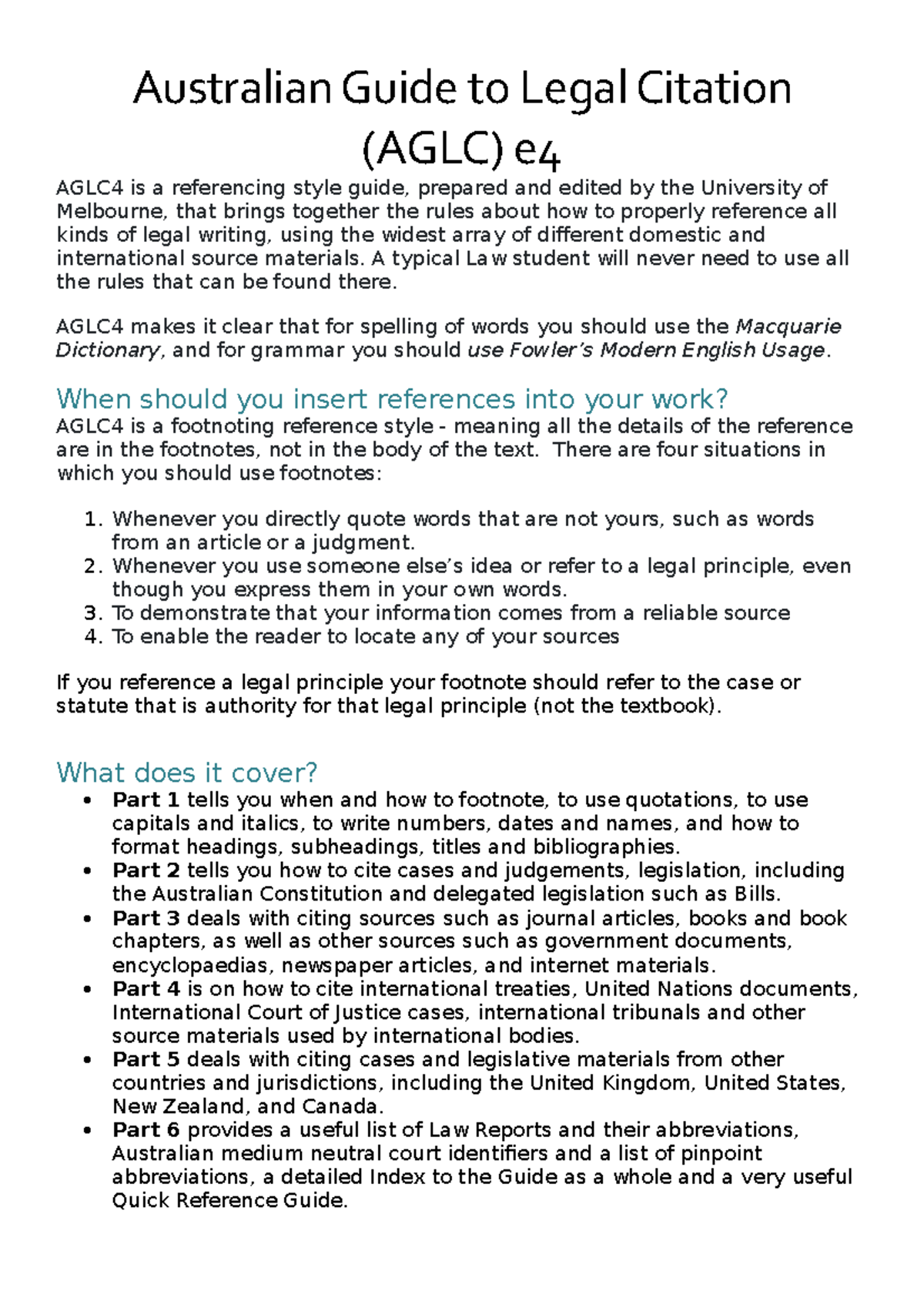 Footnotes Aglc4 Referencing Style Guides At University Of Western Hot