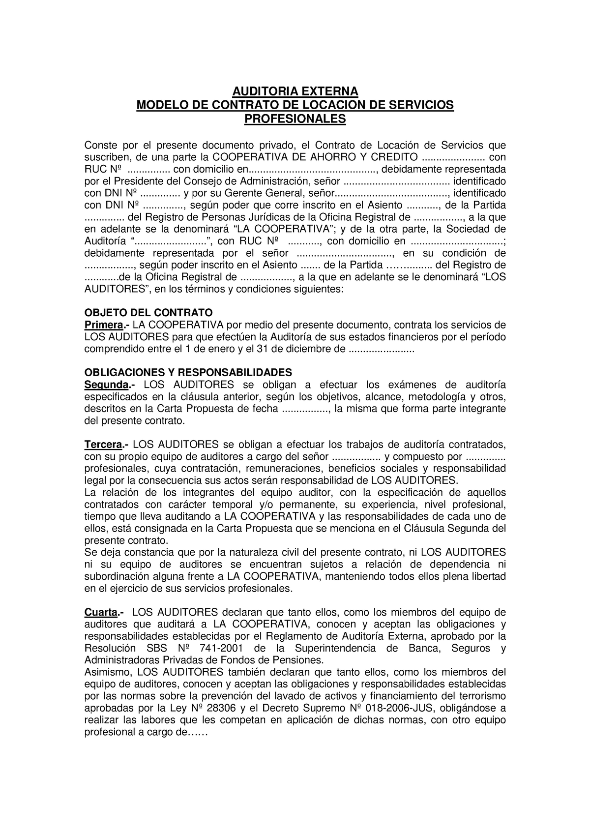 Modelo De Contrato A Auditoria Auditoria Externa Modelo De Contrato