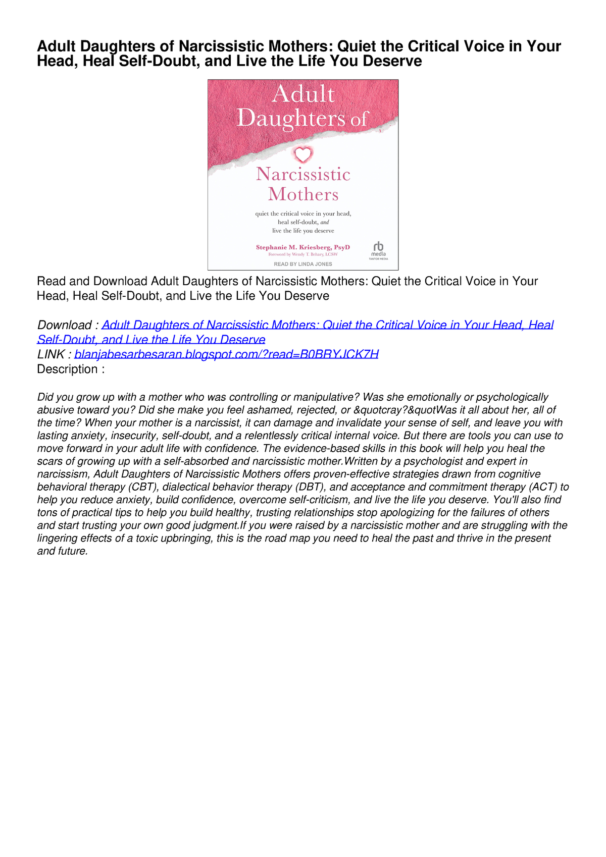 Pdf Read Online Adult Daughters Of Narcissistic Mothers Quiet The