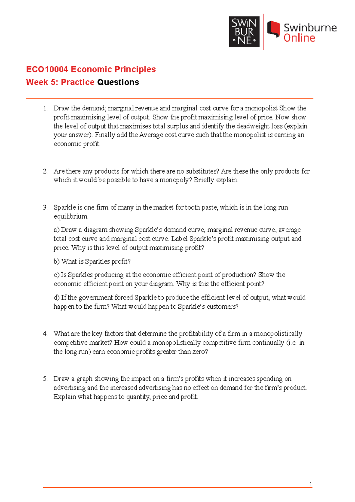 Week 5 Practice Questions Prac Questions Eco10004 Economic