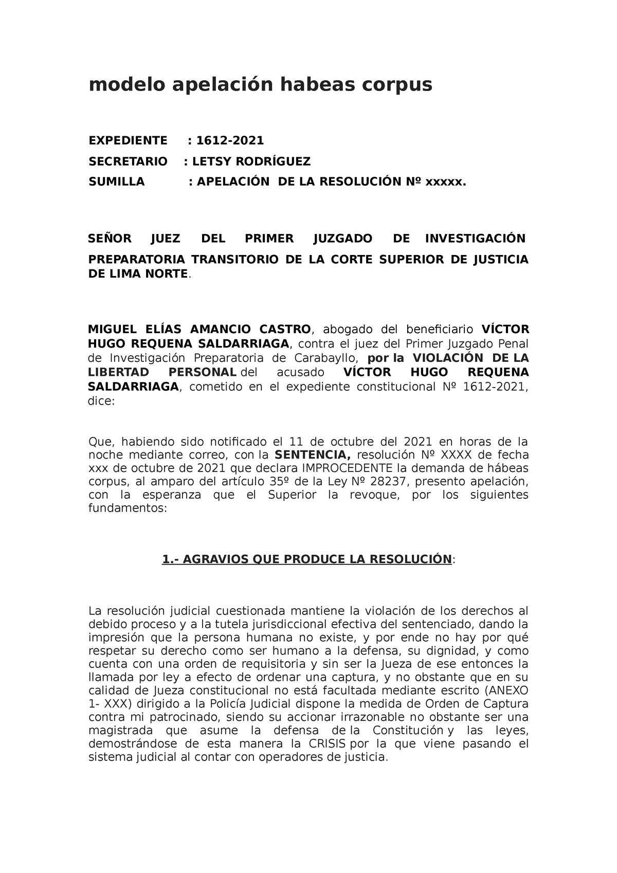 Apelacion Habeas Corpus Modelo Apelación Habeas Corpus Expediente