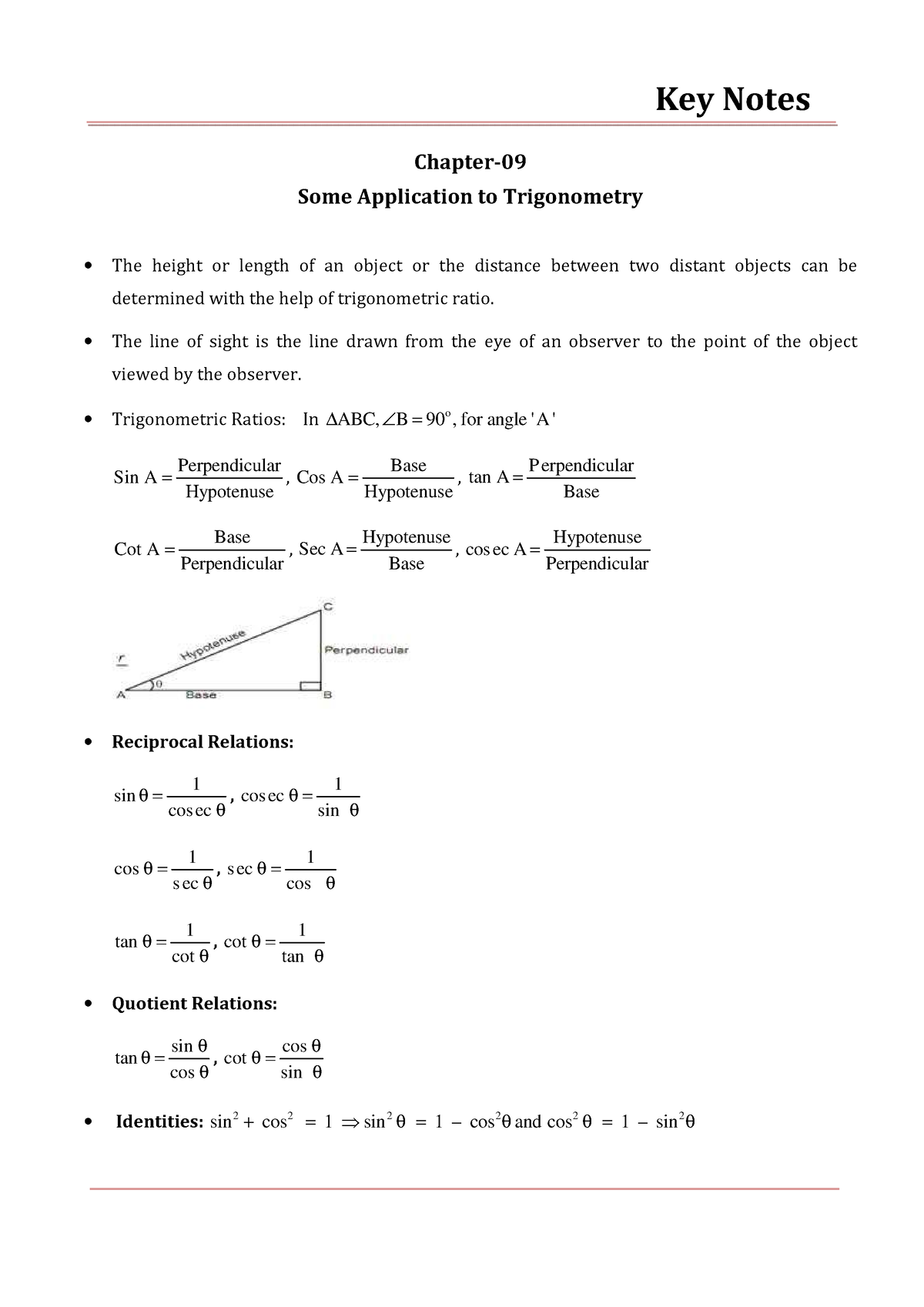 Some Application To Trigonometry Key Notes Chapter Some Application