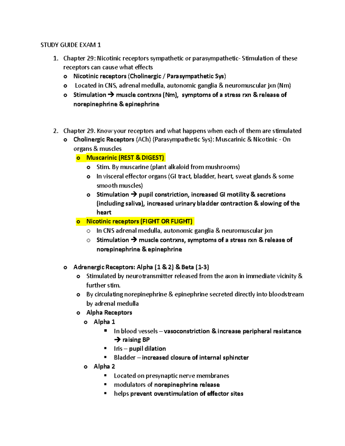 Study Guide Exam1 1 Exam Study Guide Exam 1 Chapter 29 Nicotinic