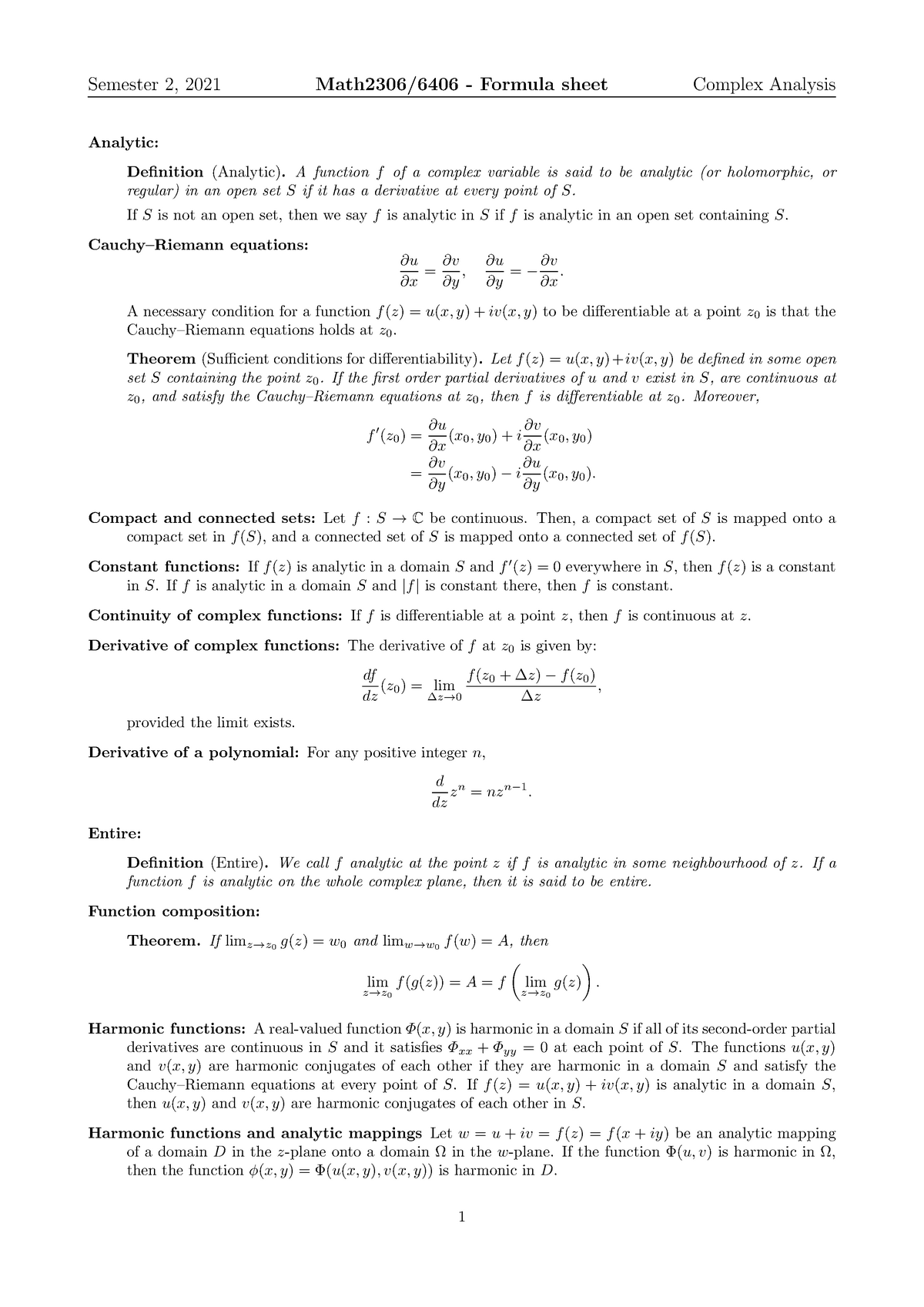 Cheat Sheet Complex 2021 Semester 2 2021 Math23066406 Formula