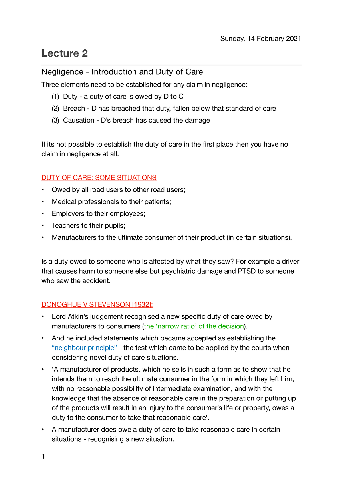 2 Negligence Lecture Notes 2 Lecture 2 Negligence