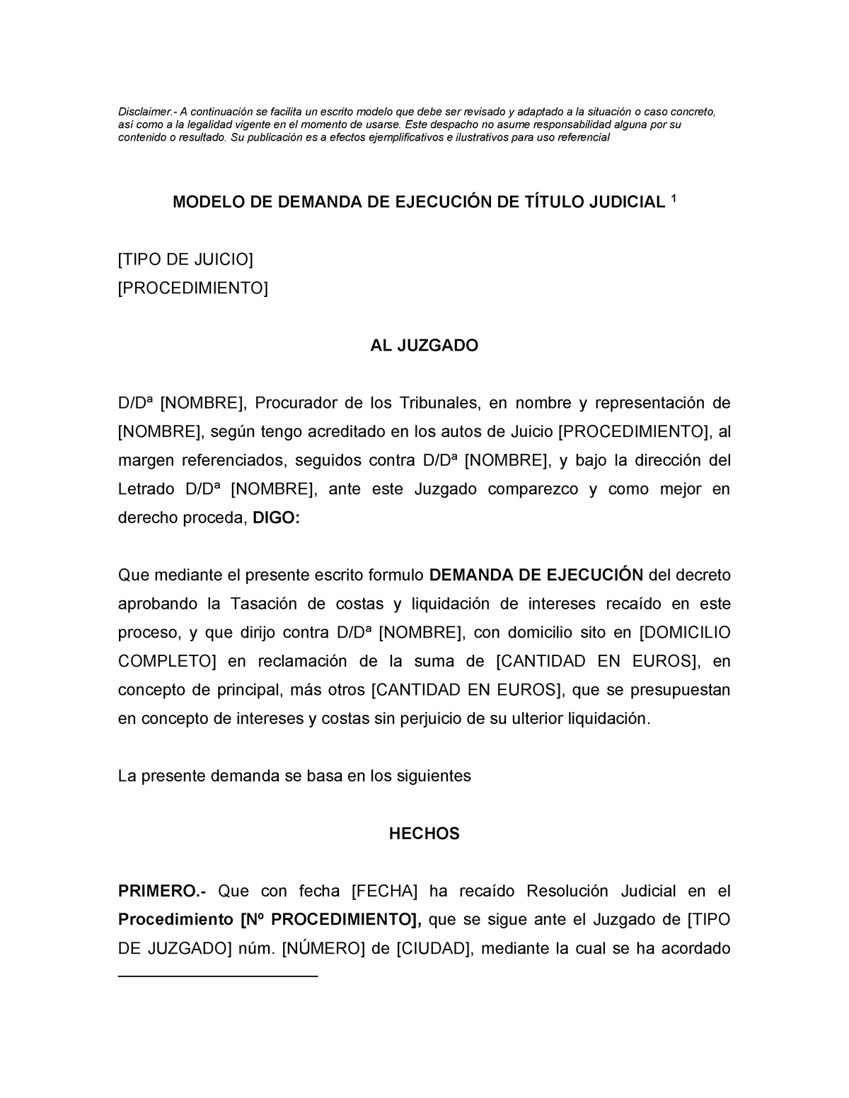 Modelo Demanda Ejecucion Titulo Judicial Obligación De Dar Suma De