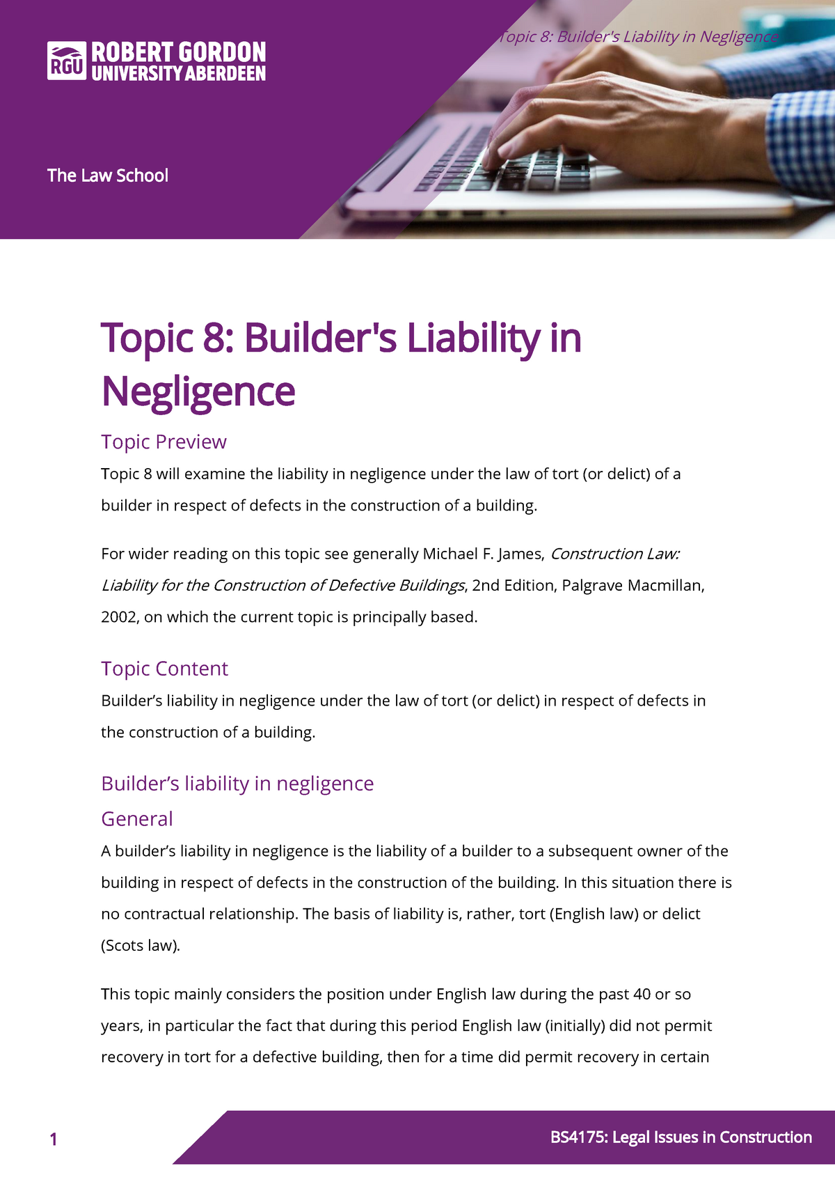 Topic 8 Builders Liability In Negligence Topic 8 Builders Liability