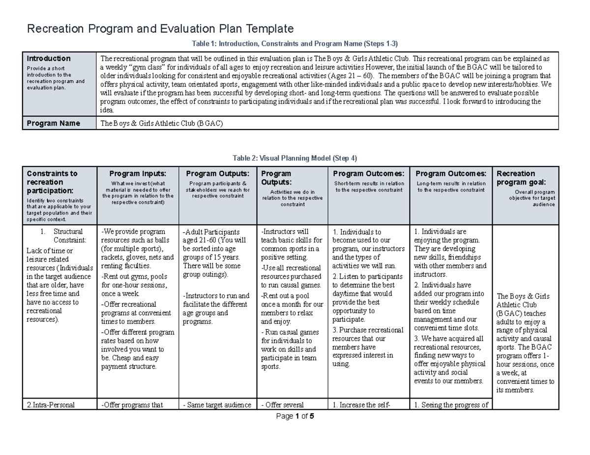 Edrd3500 Recreation Program And Evaluation Plan Recreation Program