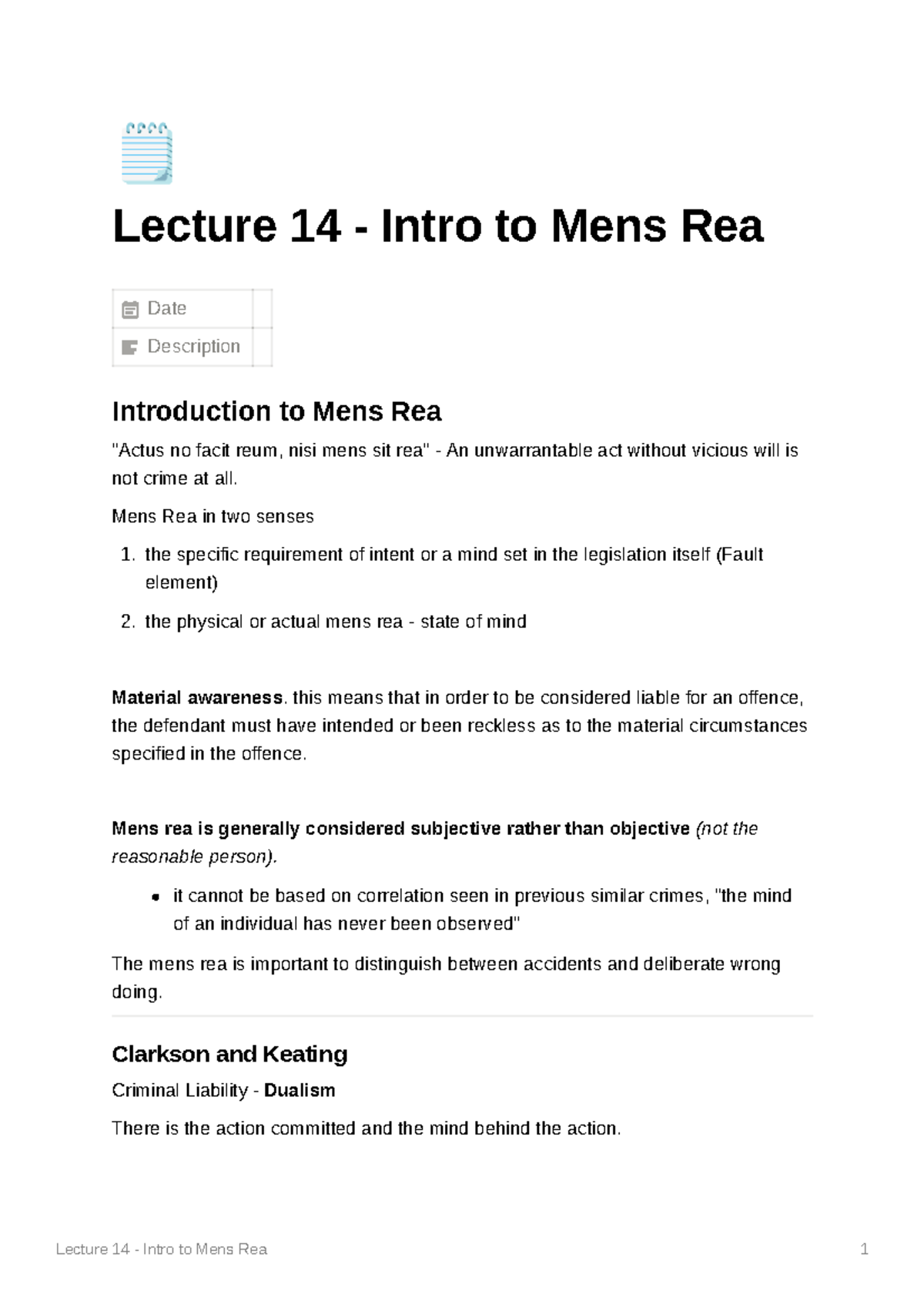 Lecture 14 Intro To Mens Rea 🗒 Lecture 14 Intro To Mens Rea Date