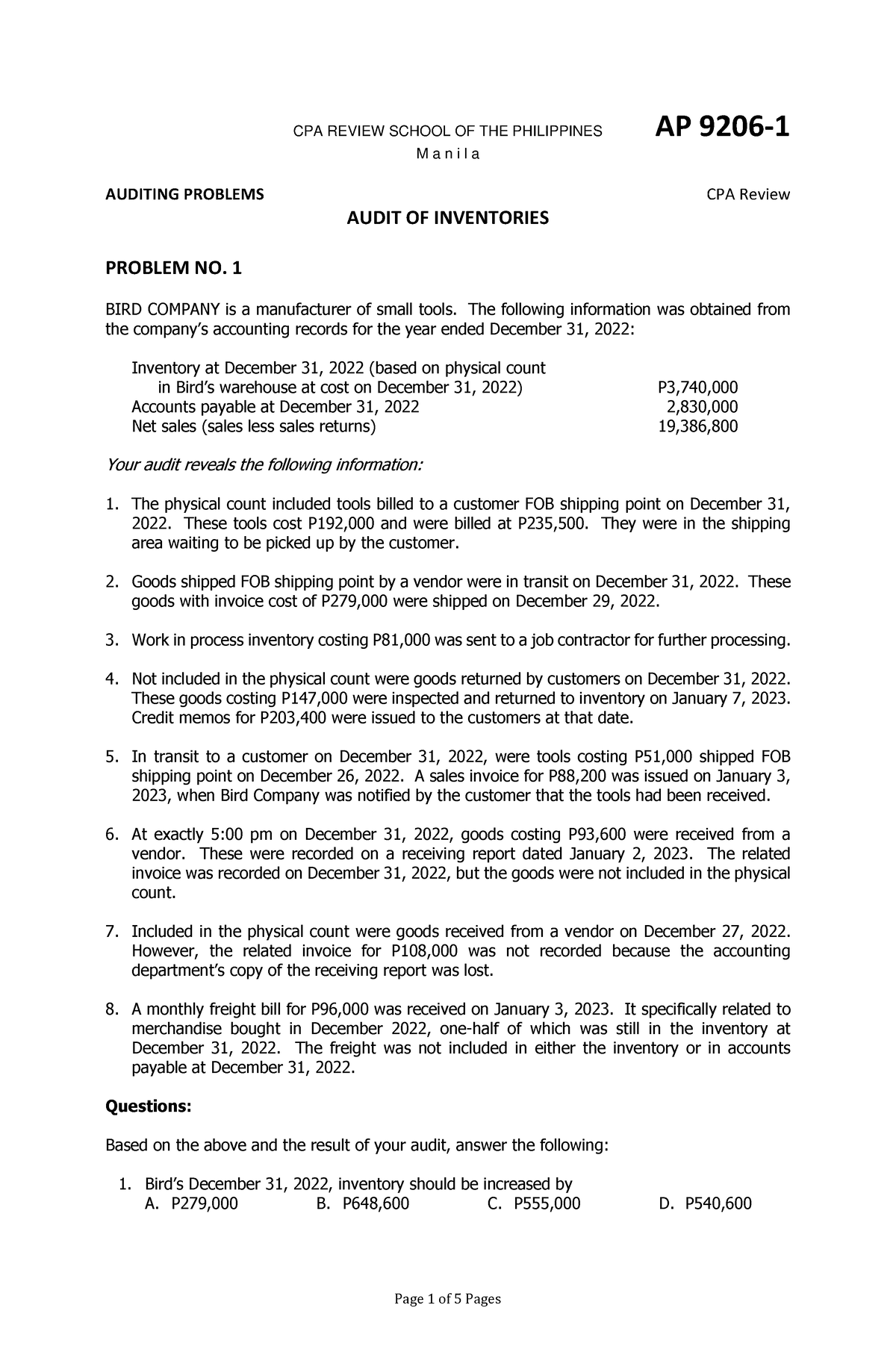 Ap 9206 1 Inventories Audit Cpa Review School Of The Philippines Ap